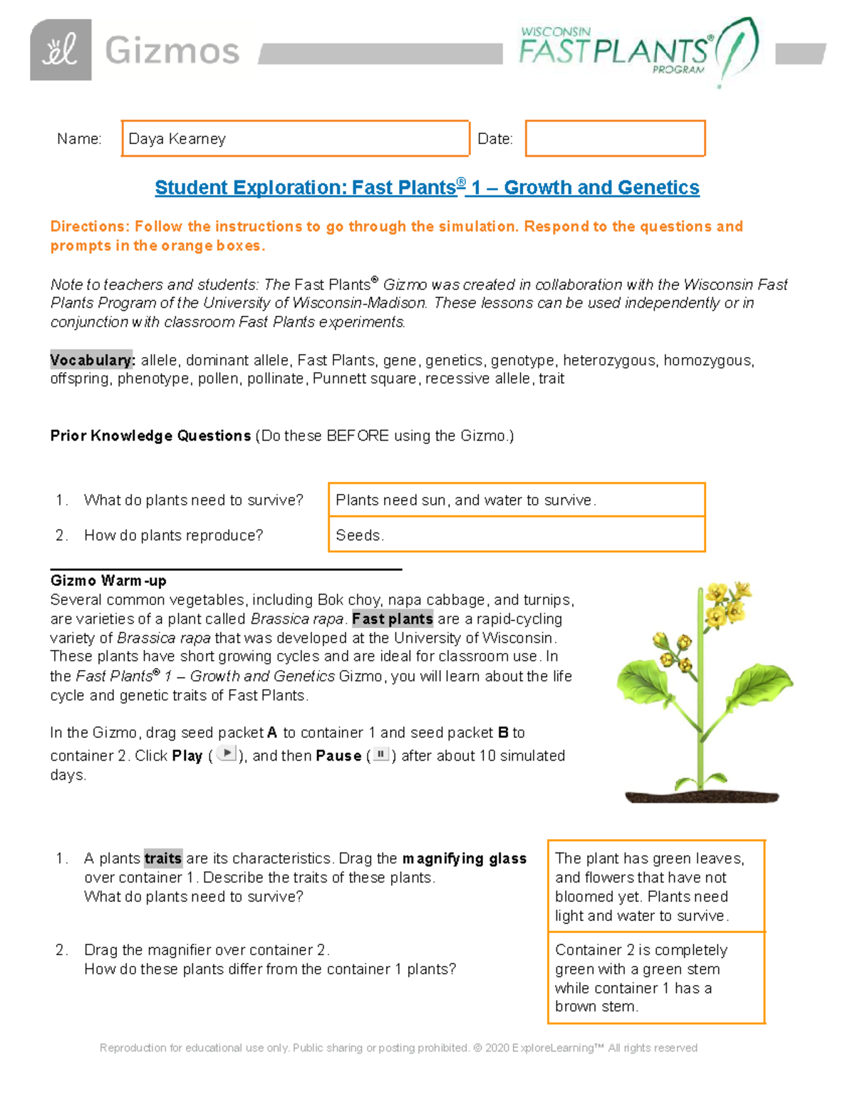 - Fast Plants Gizmo - 18508235 - Name: Daya Kearney Date: Student ...