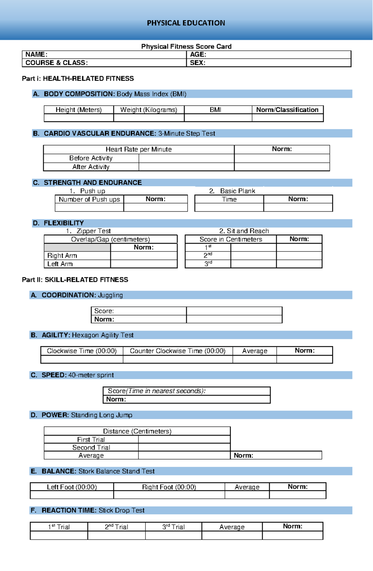 Physical Fitness Score Card - PHYSICAL EDUCATION Physical Fitness Score ...