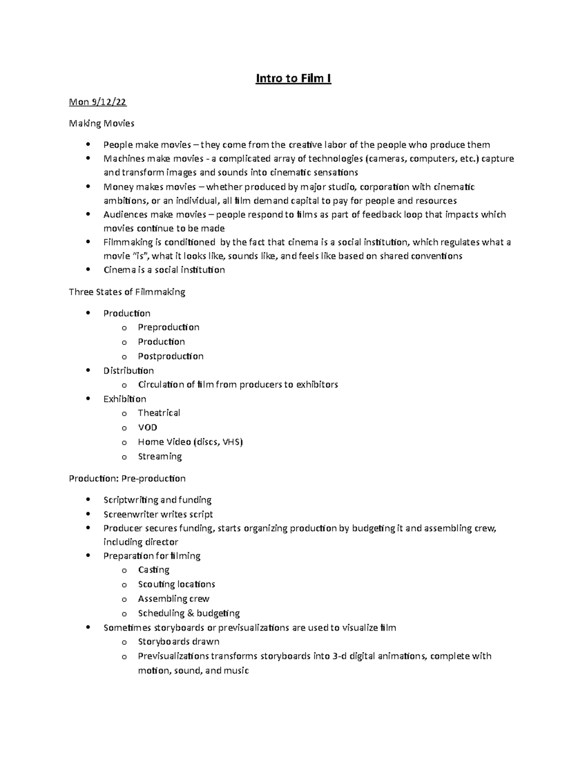 2022-12-09 Intro to Film I - Intro to Film I Mon 9/12/ Making Movies ...