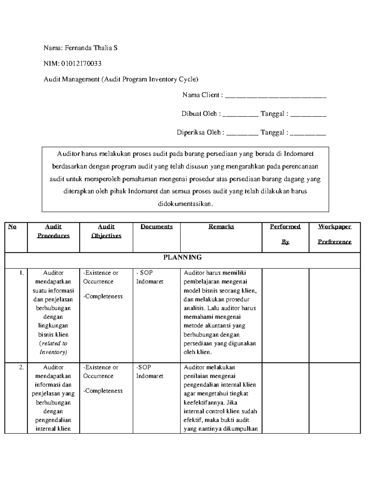 Audit Management Audit Program Warning Tt Undefined Function 32 Nama Fernanda Thalia S