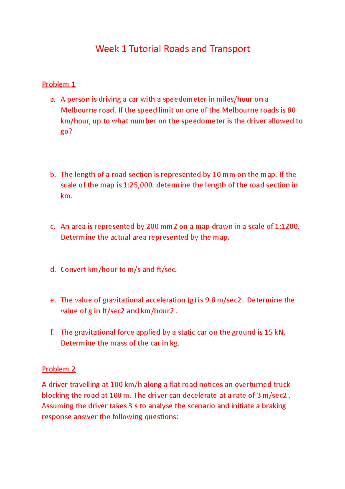 Week 1 Tutorial Roads and Transport - Week 1 Tutorial Roads and ...