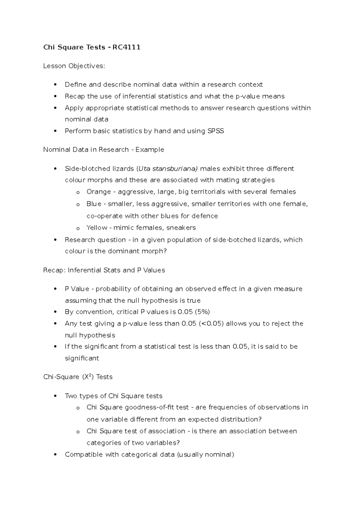 Lesson 9 - Chi Square Tests - Chi Square Tests - RC Lesson Objectives ...