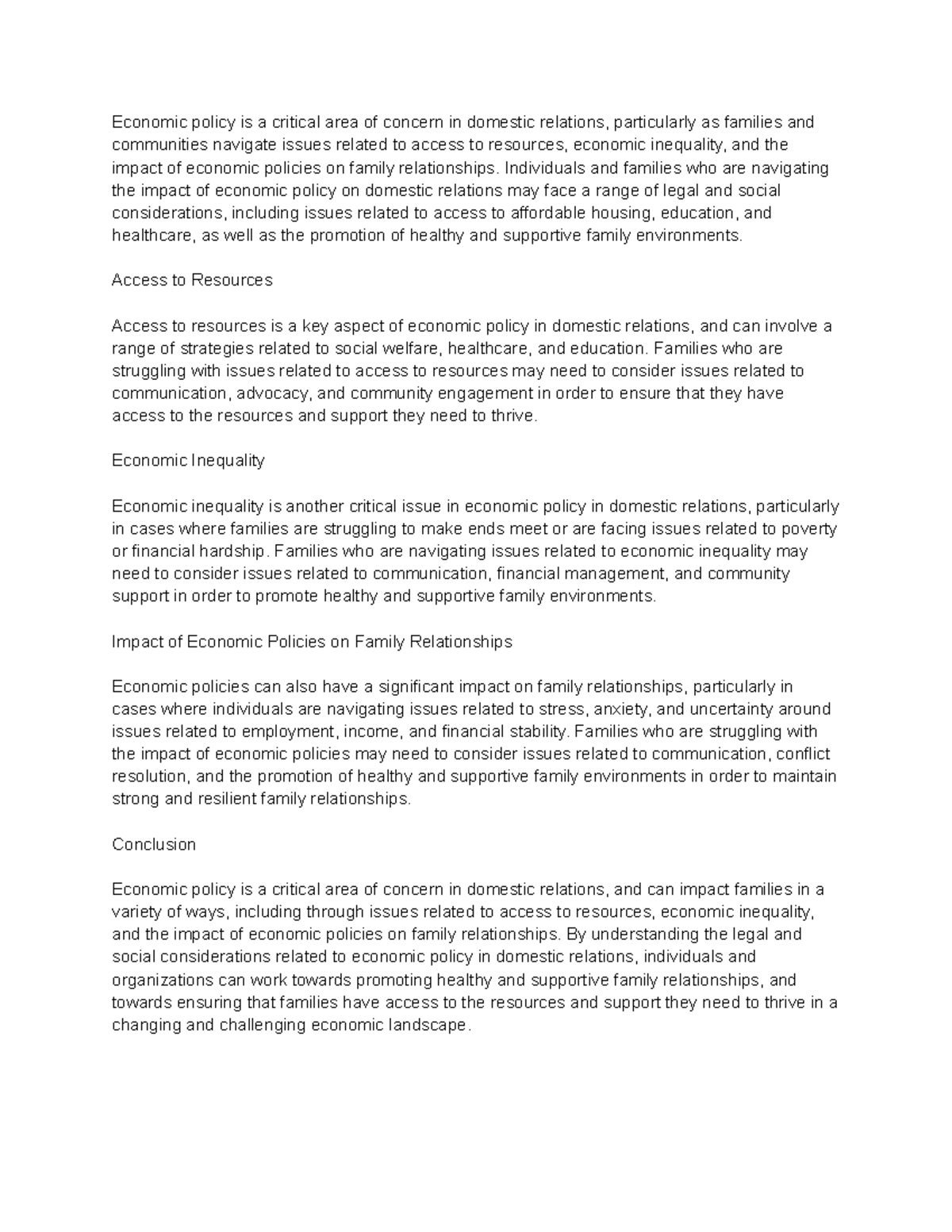 Domestic Relations and Economic Policy - Economic policy is a critical ...