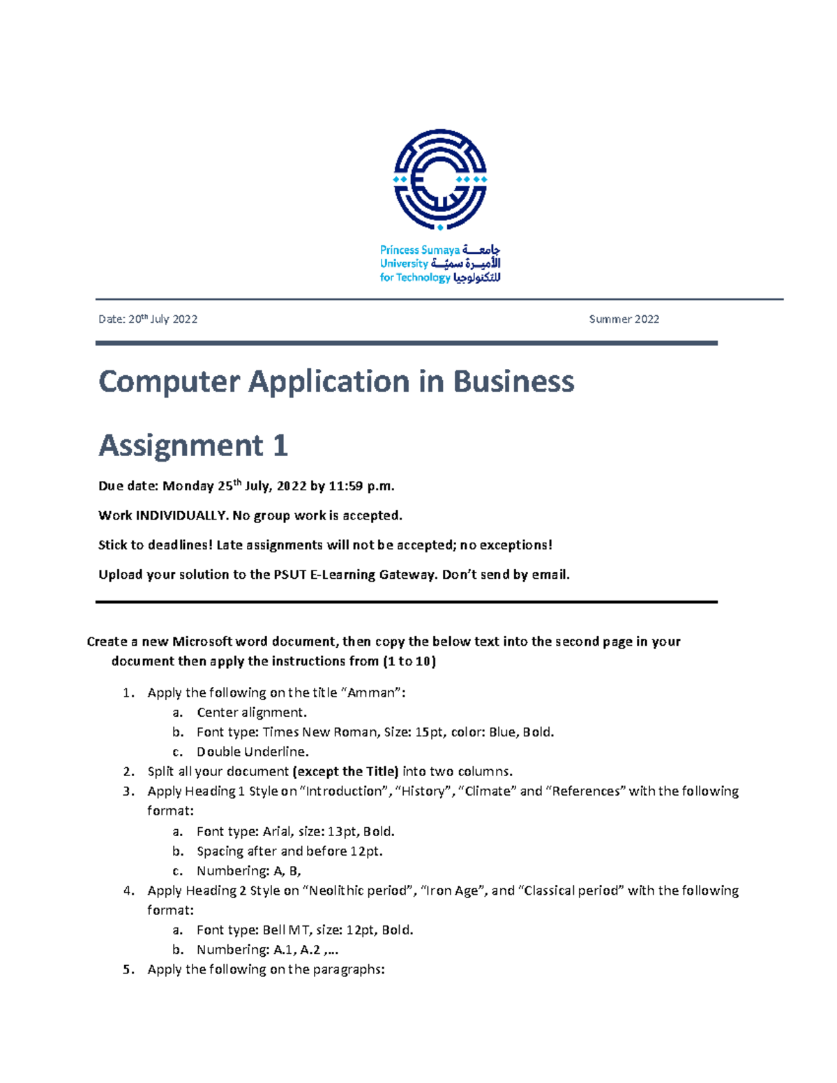 Assignment 1 Summer 2022 - Date: 20 th July 2022 Summer 2022 Computer ...