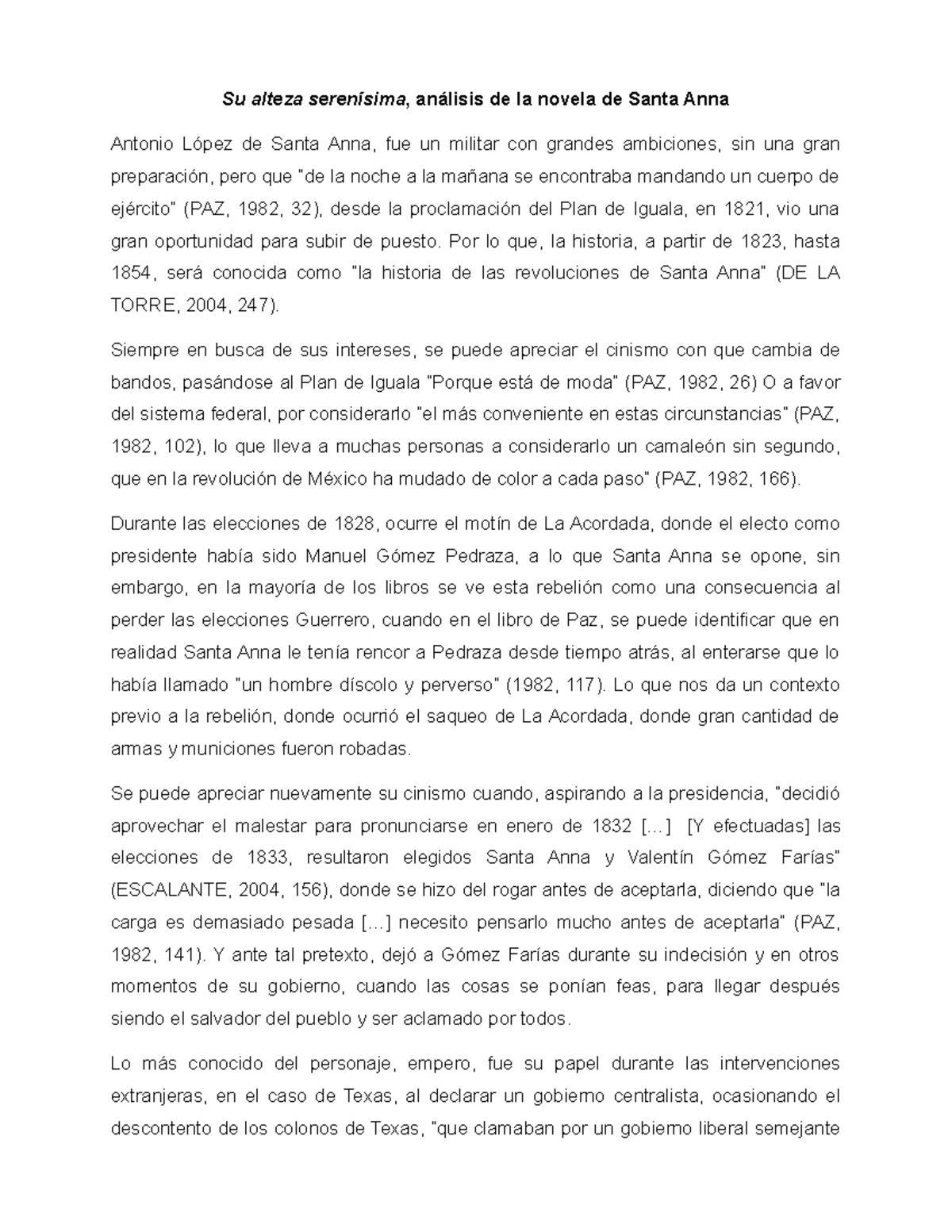 Novela de Santa Anna - Su alteza serenísima, análisis de la novela de ...
