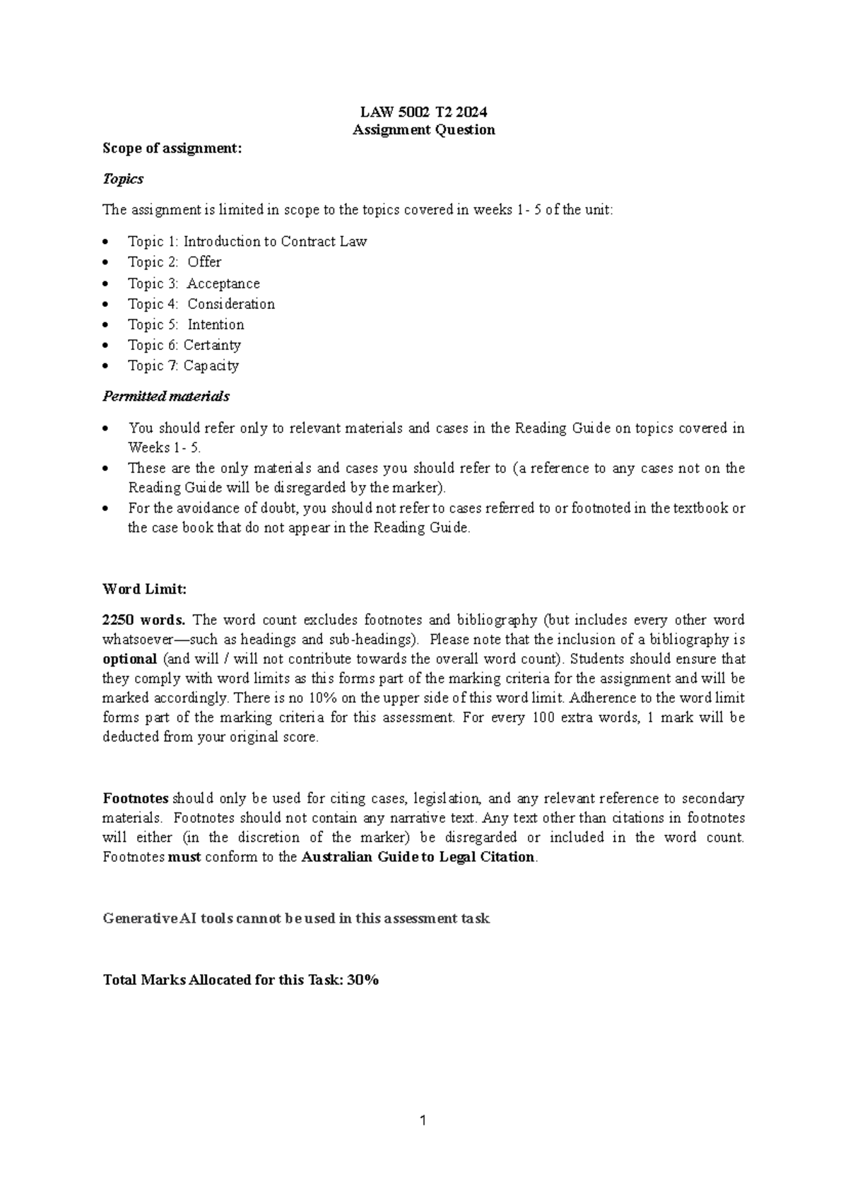 Assignment Question Final 1 6 - LAW 5002 T2 2024 Assignment Question ...