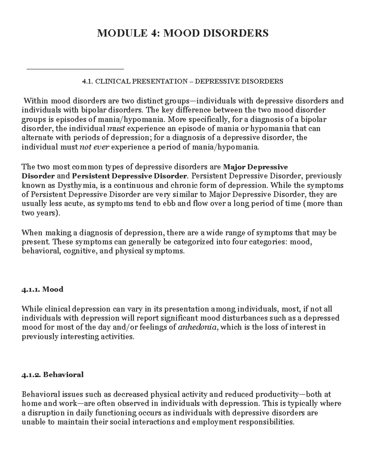Module 4 Mood Disorders - MODULE 4: MOOD DISORDERS 4. CLINICAL ...