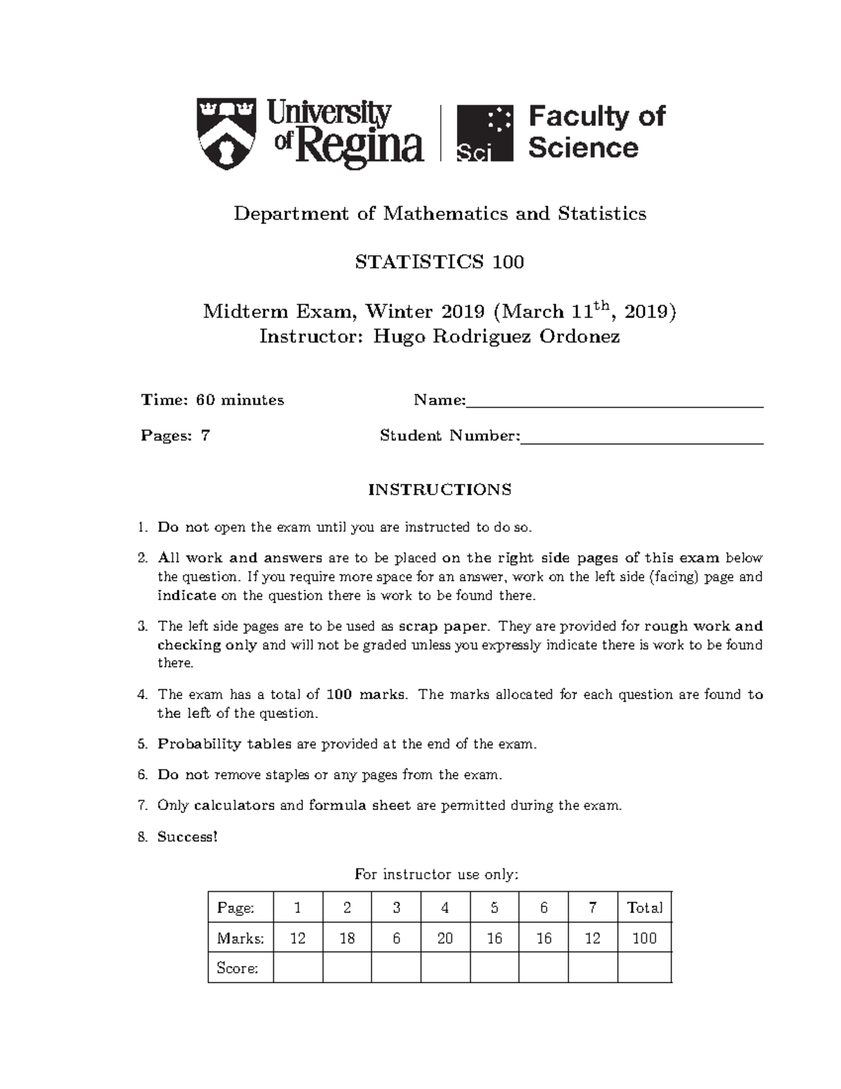 Mock Midterm 1 (Answers) - Faculty of Science Department of Mathematics and Statistics ...
