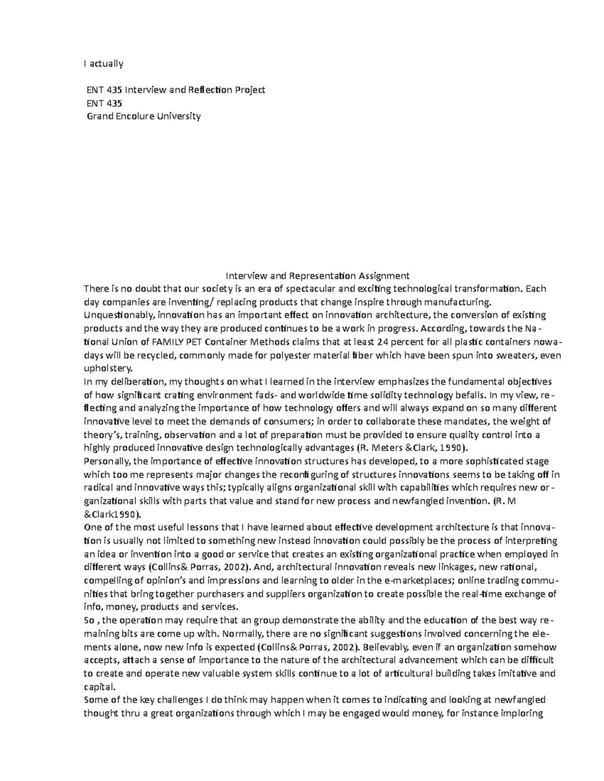 ENT 435 Interview and Reflection Assignment 1 - I actually ENT 435 ...