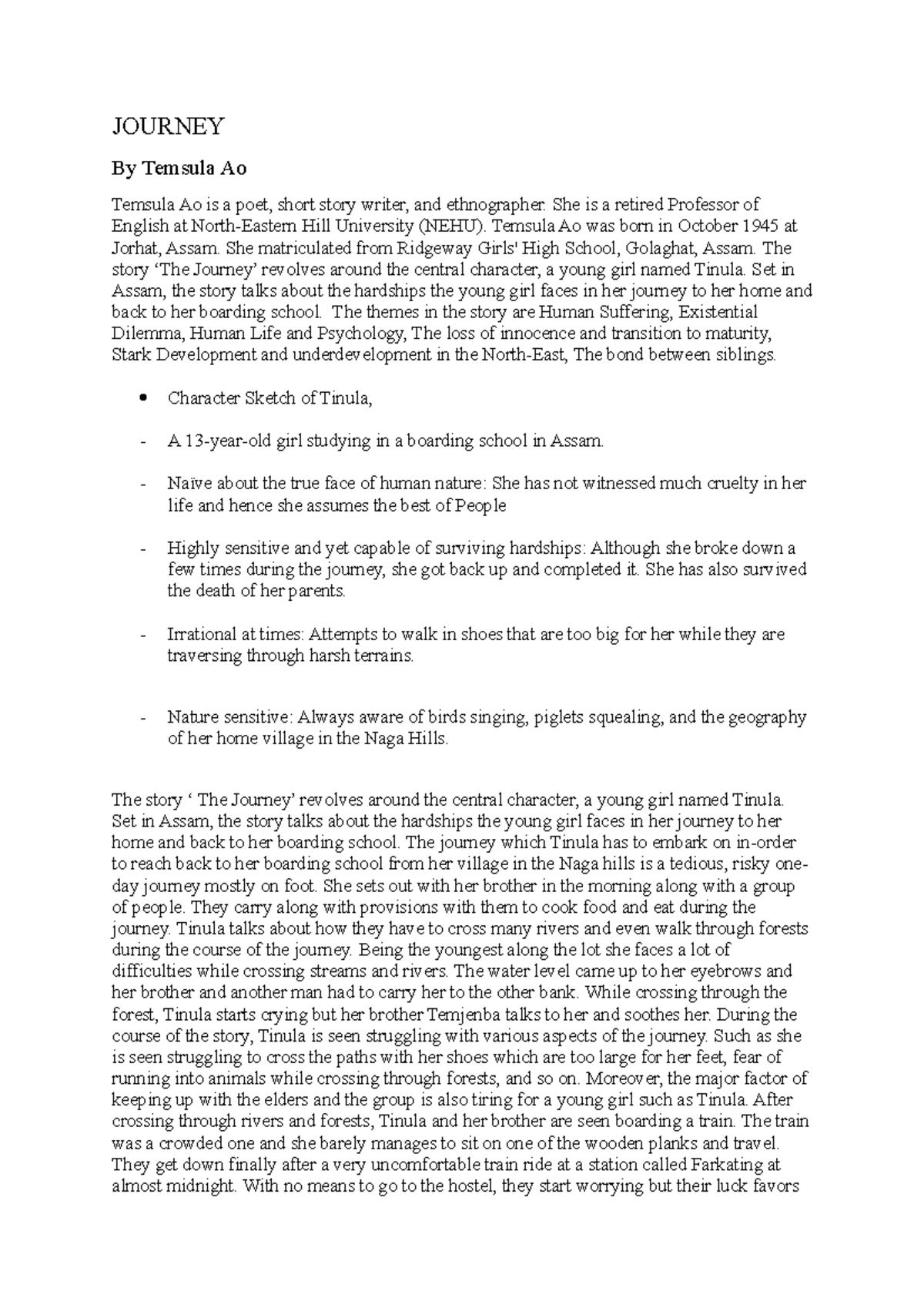 The Journey Additional English Notes First Year - JOURNEY By Temsula Ao ...