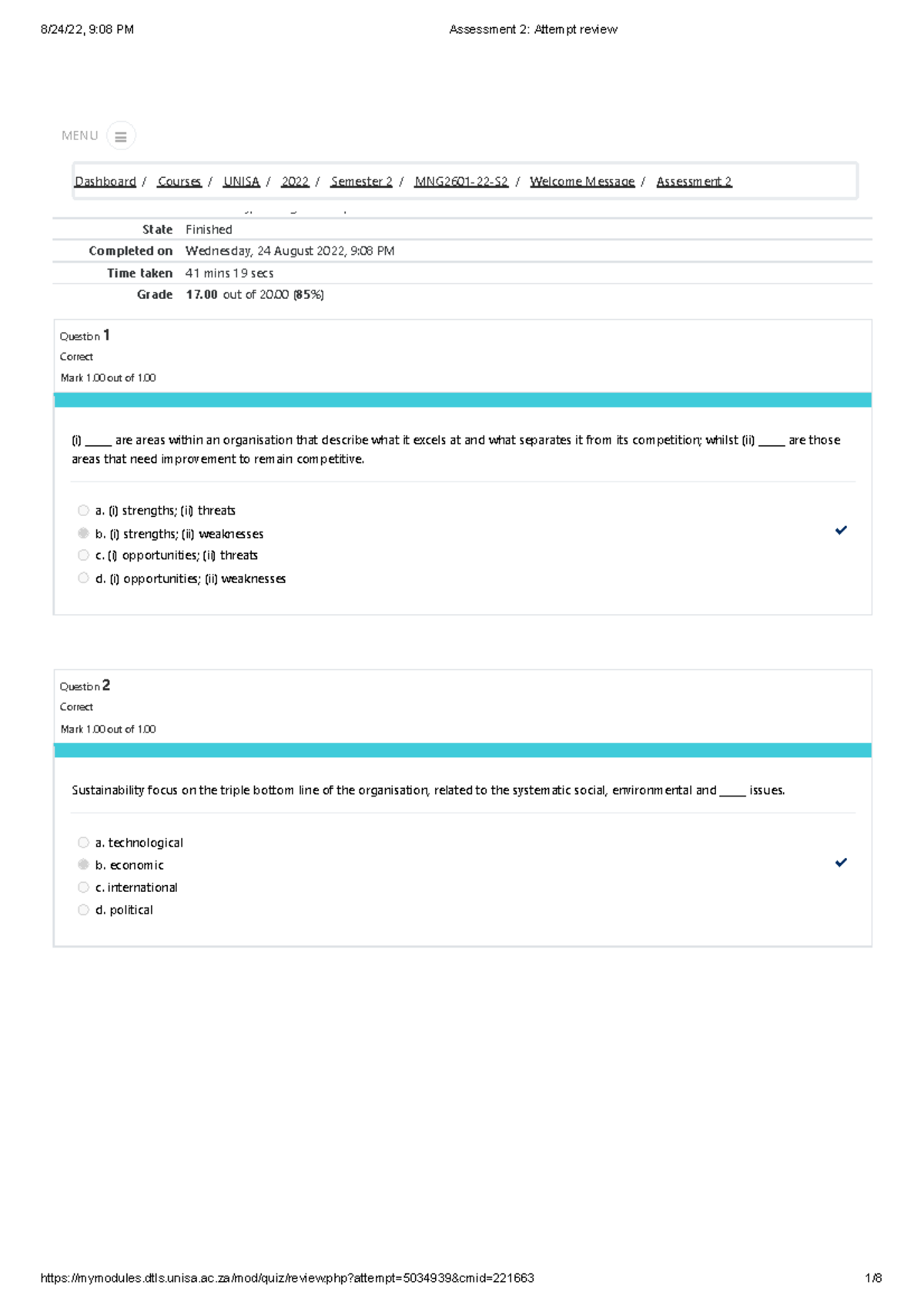 MNG2601 Assignment 2 - Started on Wednesday, 24 August 2022, 8:27 PM ...