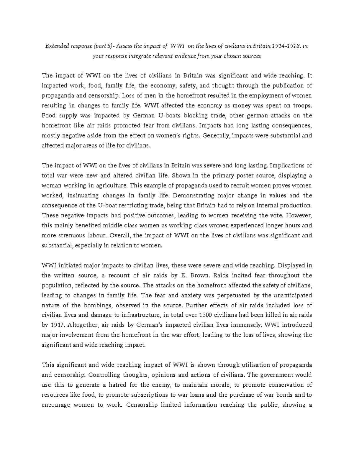 Extended response (Part 3)- Assess the impact of WWI on the lives of ...