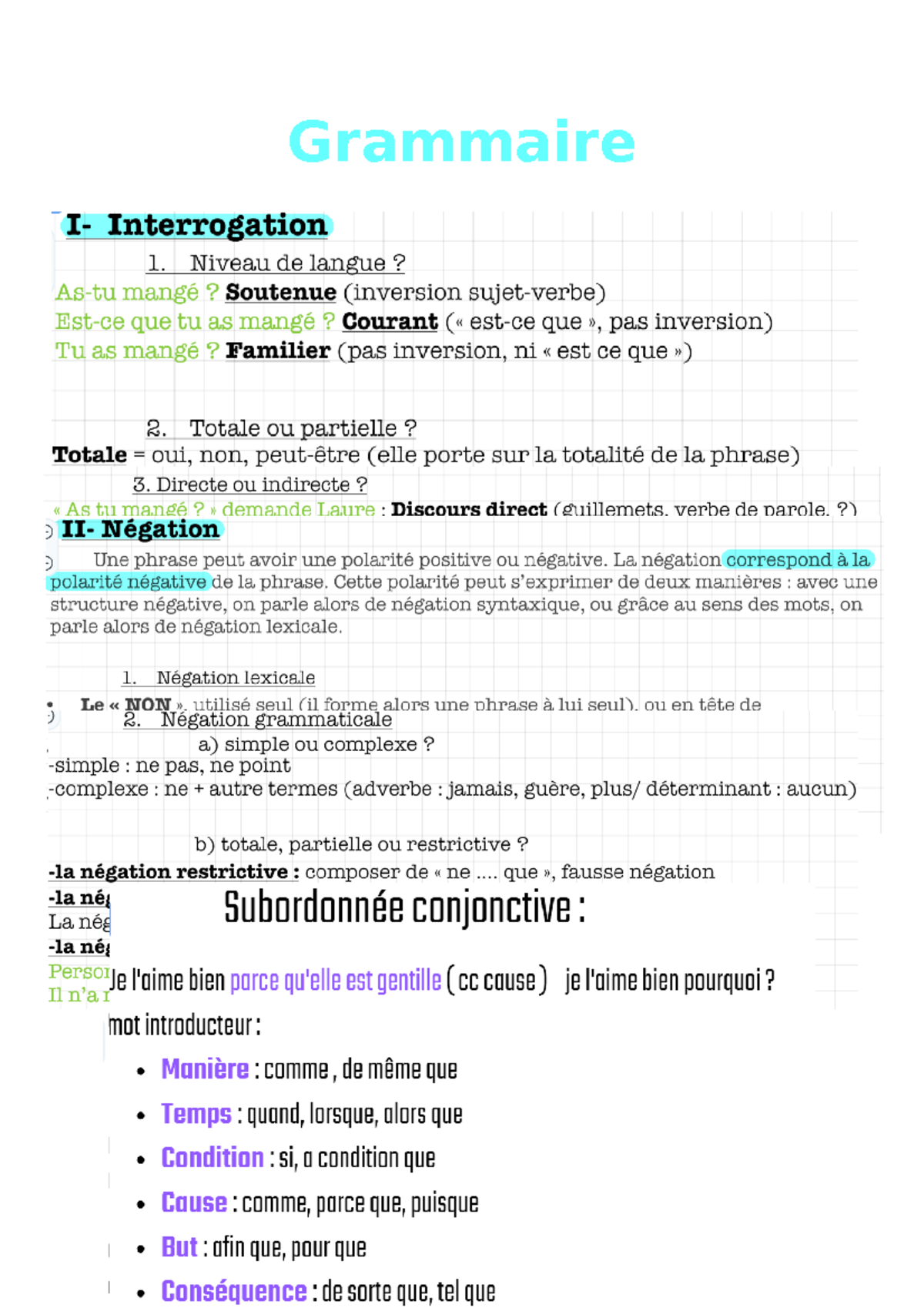 Fiche grammaire - Français - Grammaire - Studocu