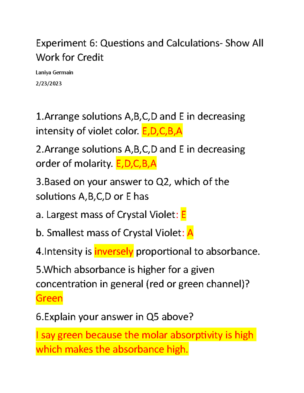 Experiment 6 done - Experiment 6: Questions and Calculations- Show All ...