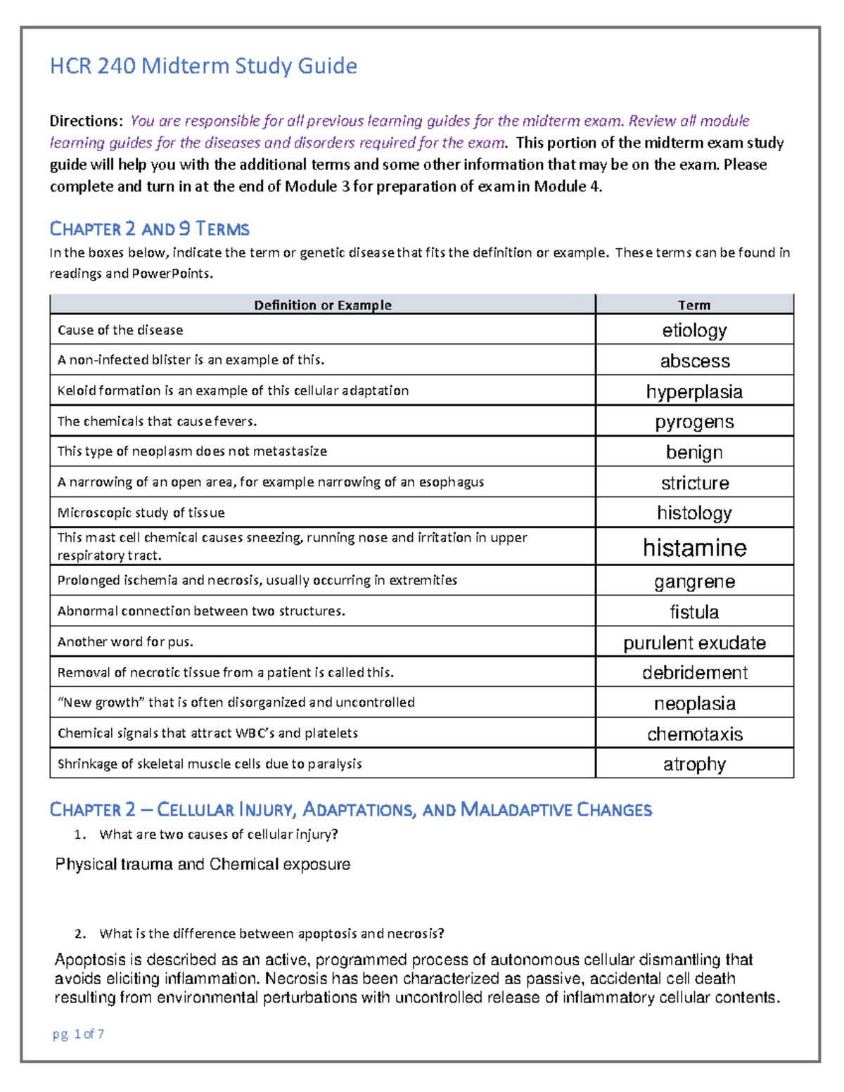 HCR 240 Module 3 Midterm Exam Study Guide - Directions: You are responsible for all previous ...