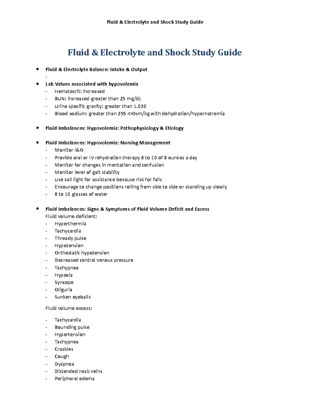 Fluid and Electrolyte Study Guide Unit 2 - Fluid & Electrolyte and ...