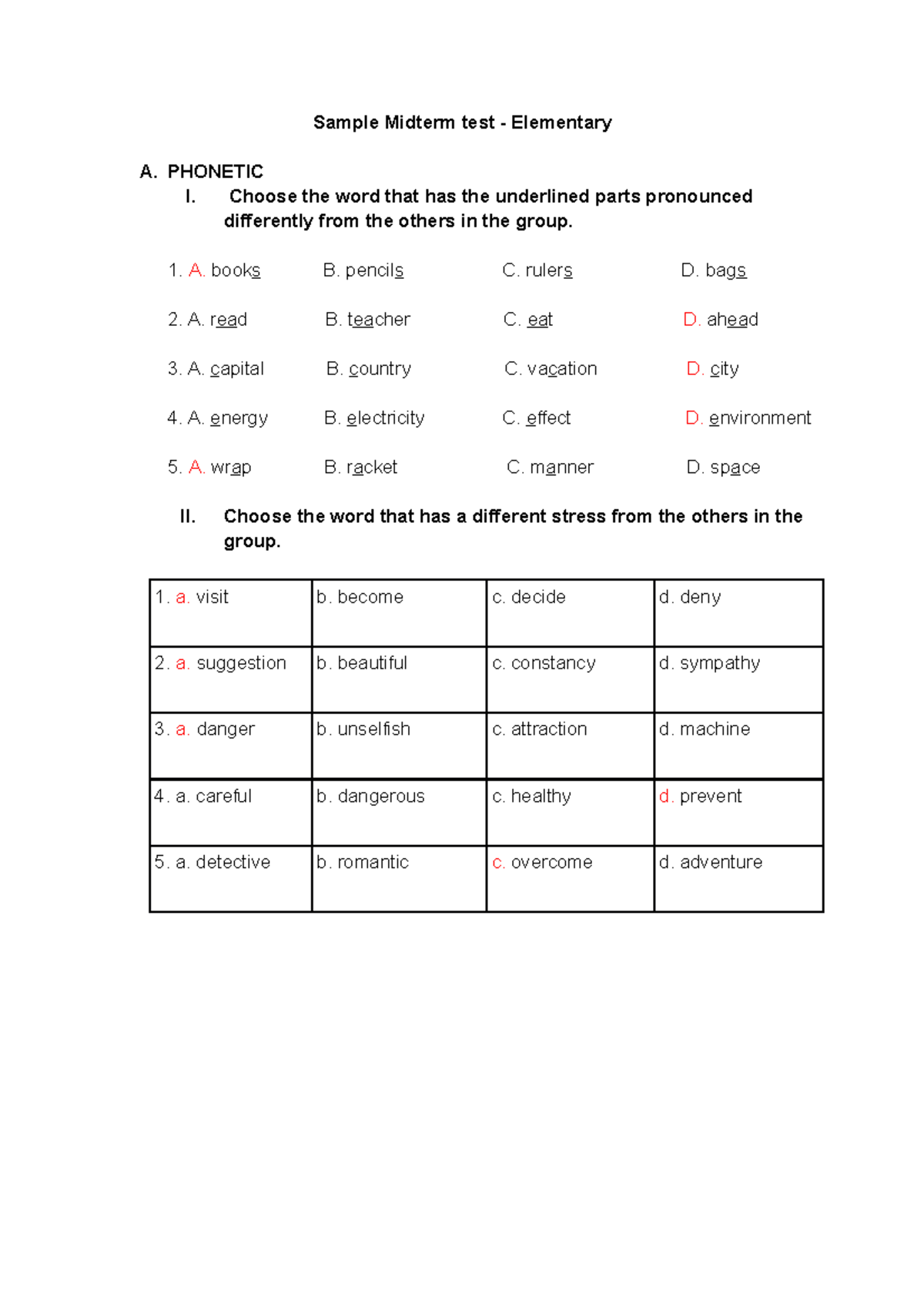 Sample Midterm test - Elementary - PHONETIC I. Choose the word that has ...