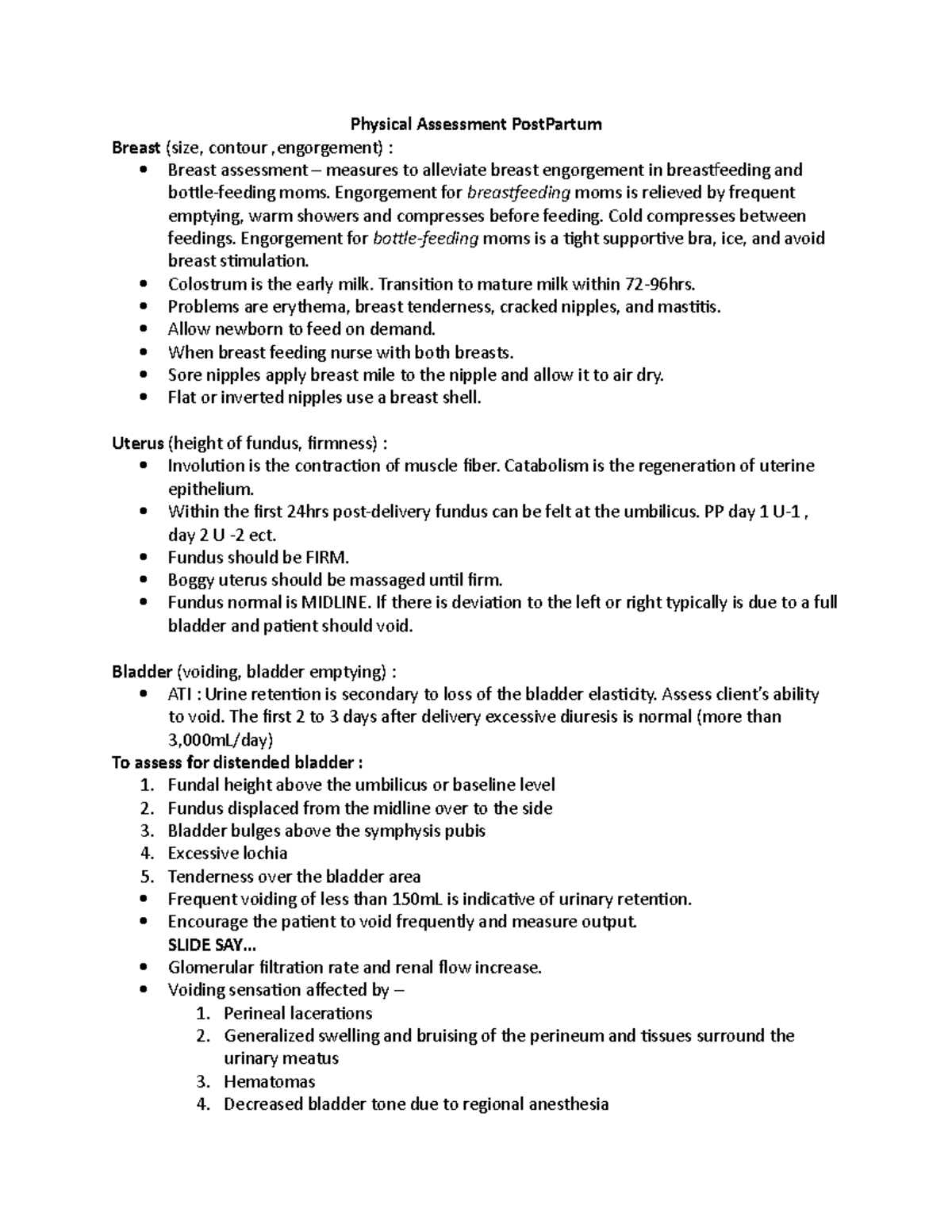 Exam 2 review - Physical Assessment PostPartum Breast (size, contour ...