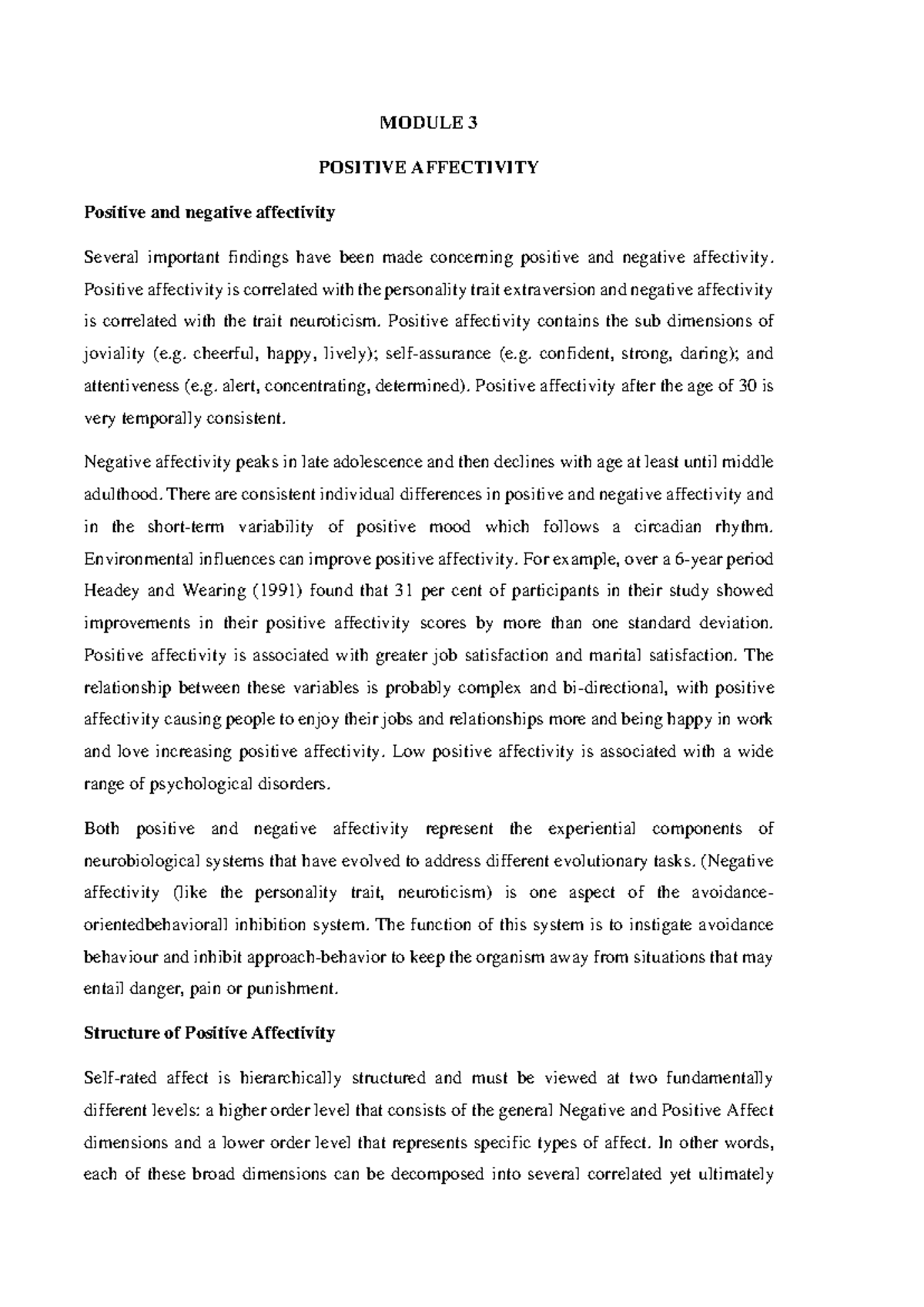 Positive Module 3 - note - MODULE 3 POSITIVE AFFECTIVITY Positive and ...
