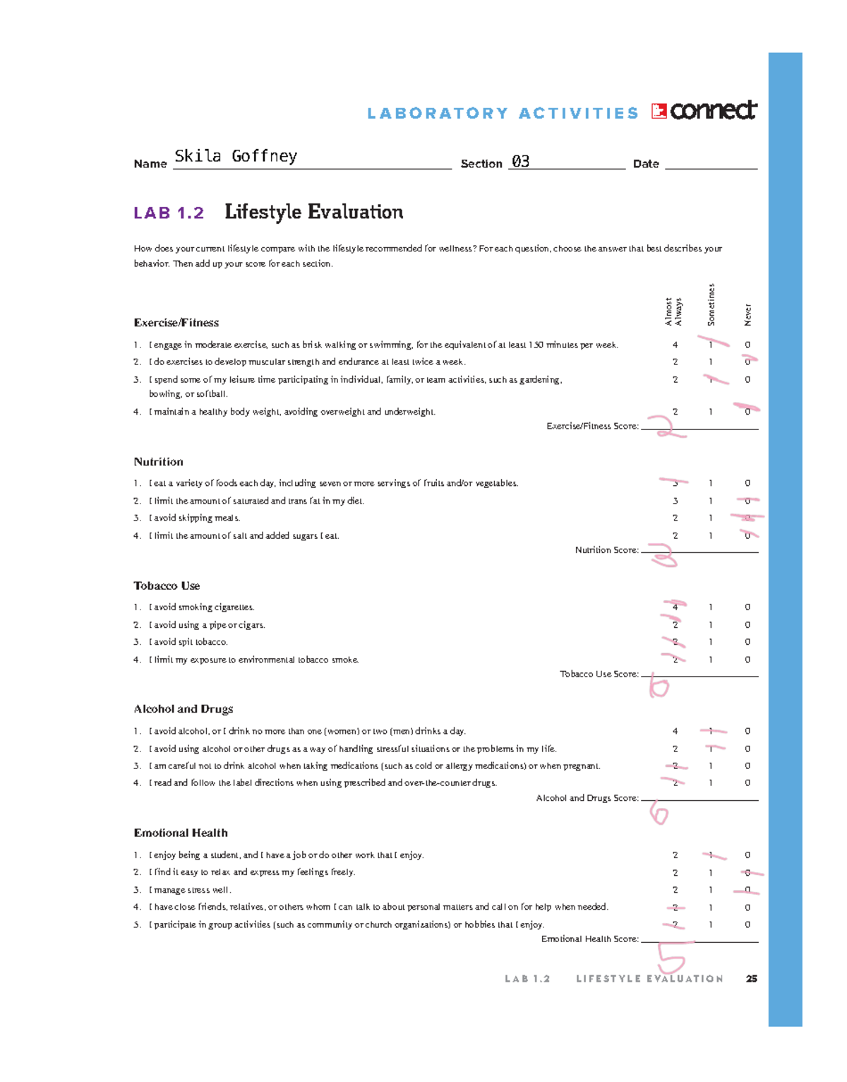 Lab1. 2 for kin2504 - L A B 1. 2 L I F E S T Y L E E VA L U A T I O N 25 L A B O R A T O R Y A C ...