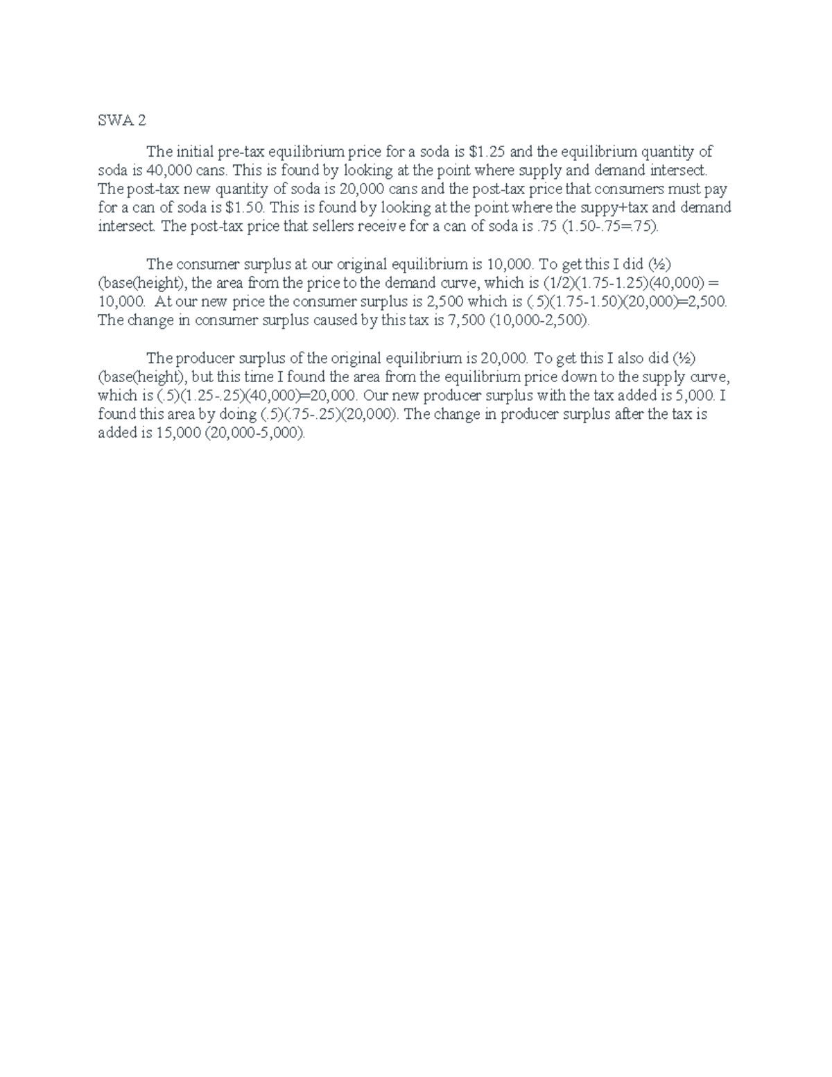 SWA 2 - Short writing assignment - SWA 2 The initial pre-tax equilibrium price for a soda is $1 ...