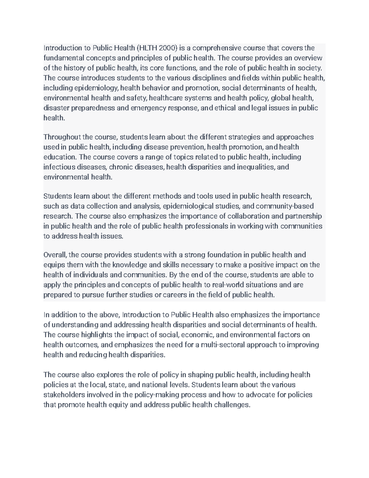 PUBH 2020 Overall Class Summary - Introduction to Public Health (HLTH ...