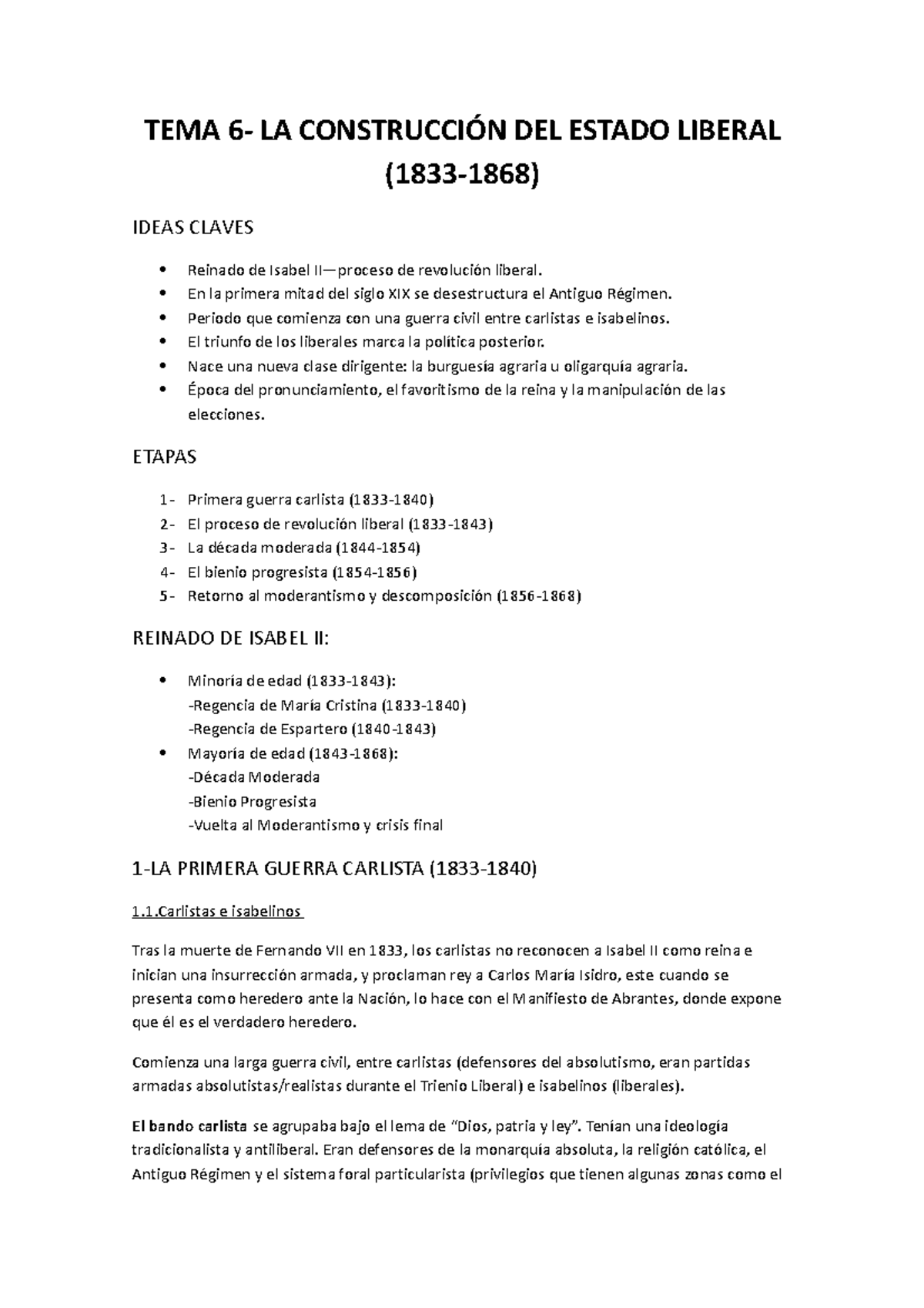 Tema 6 historia - TEMA 6- LA CONSTRUCCIÓN DEL ESTADO LIBERAL (1833-1868) IDEAS CLAVES Reinado de ...