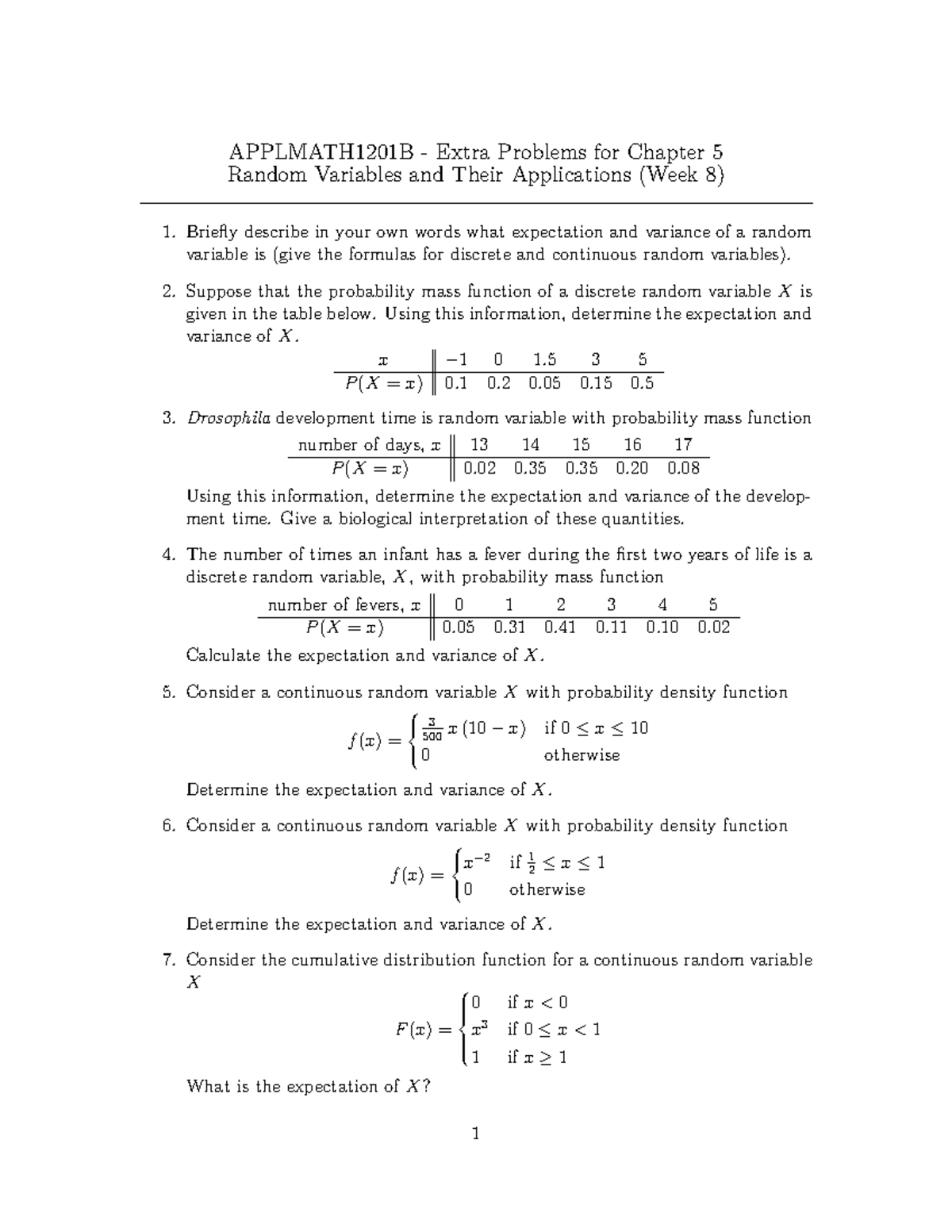 Random Variables and Applications Practice - APPLMATH1201B - Extra Problems for Chapter 5 Random ...