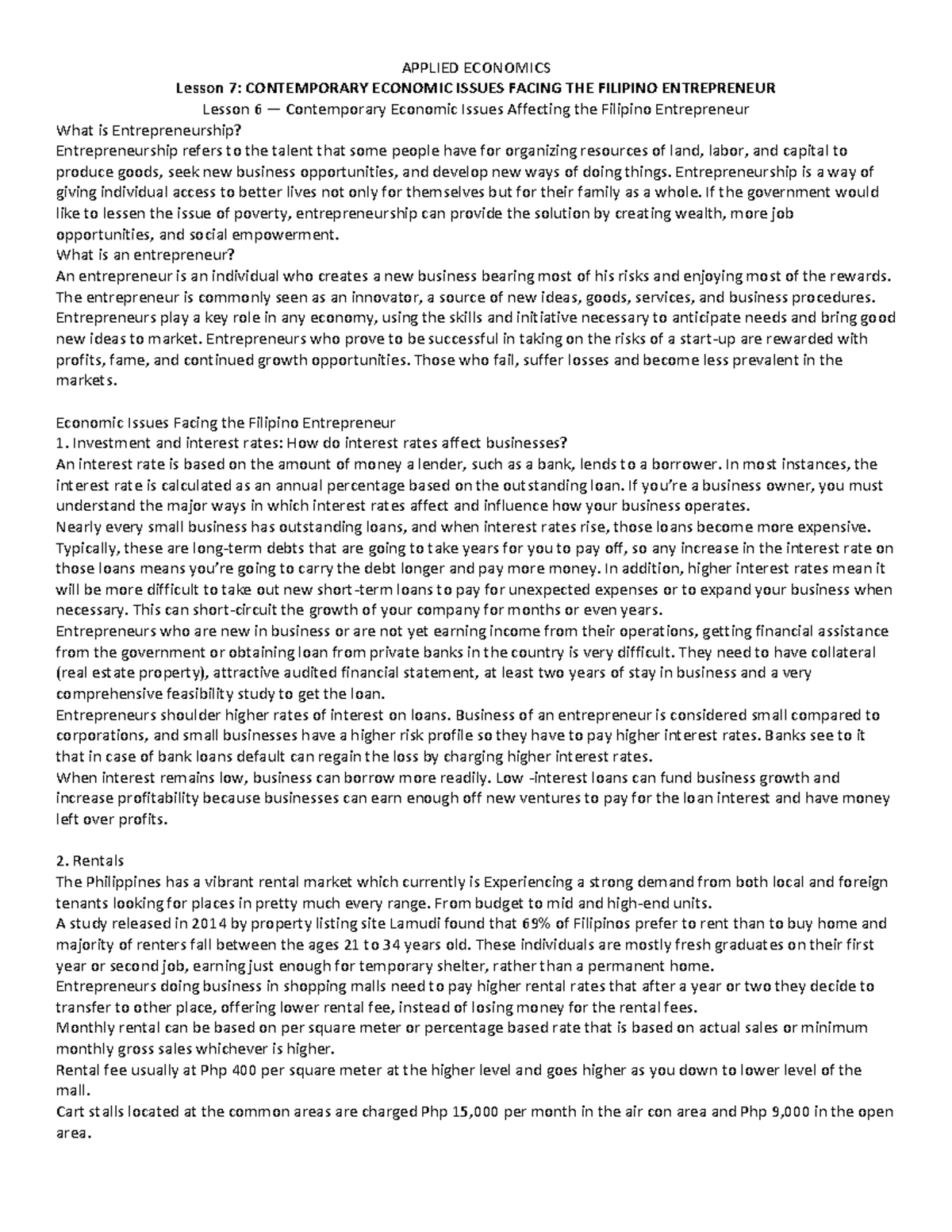 Applied Economics Lesson 7 - APPLIED ECONOMICS Lesson 7: CONTEMPORARY ...