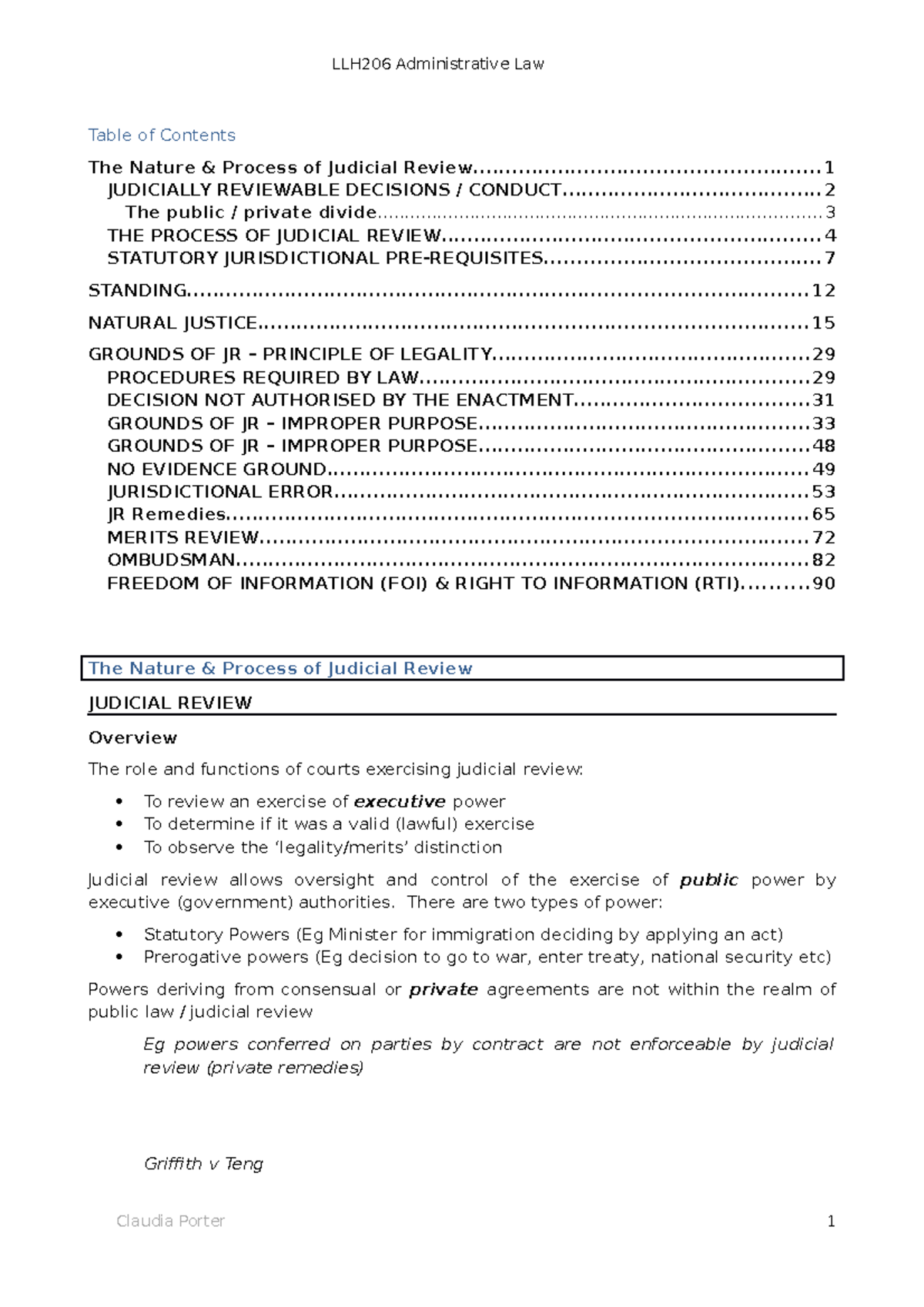 LLH206 Administrative Law Semester 2, 2018 Lecture/Exam Notes - Table ...