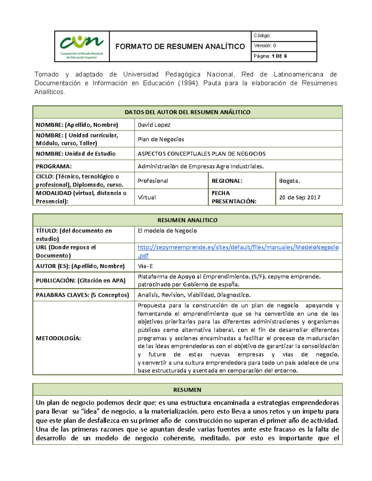 Recurso 2 - apuntes clases - FORMATO DE RESUMEN ANALÍTICO Versión: 0 ...