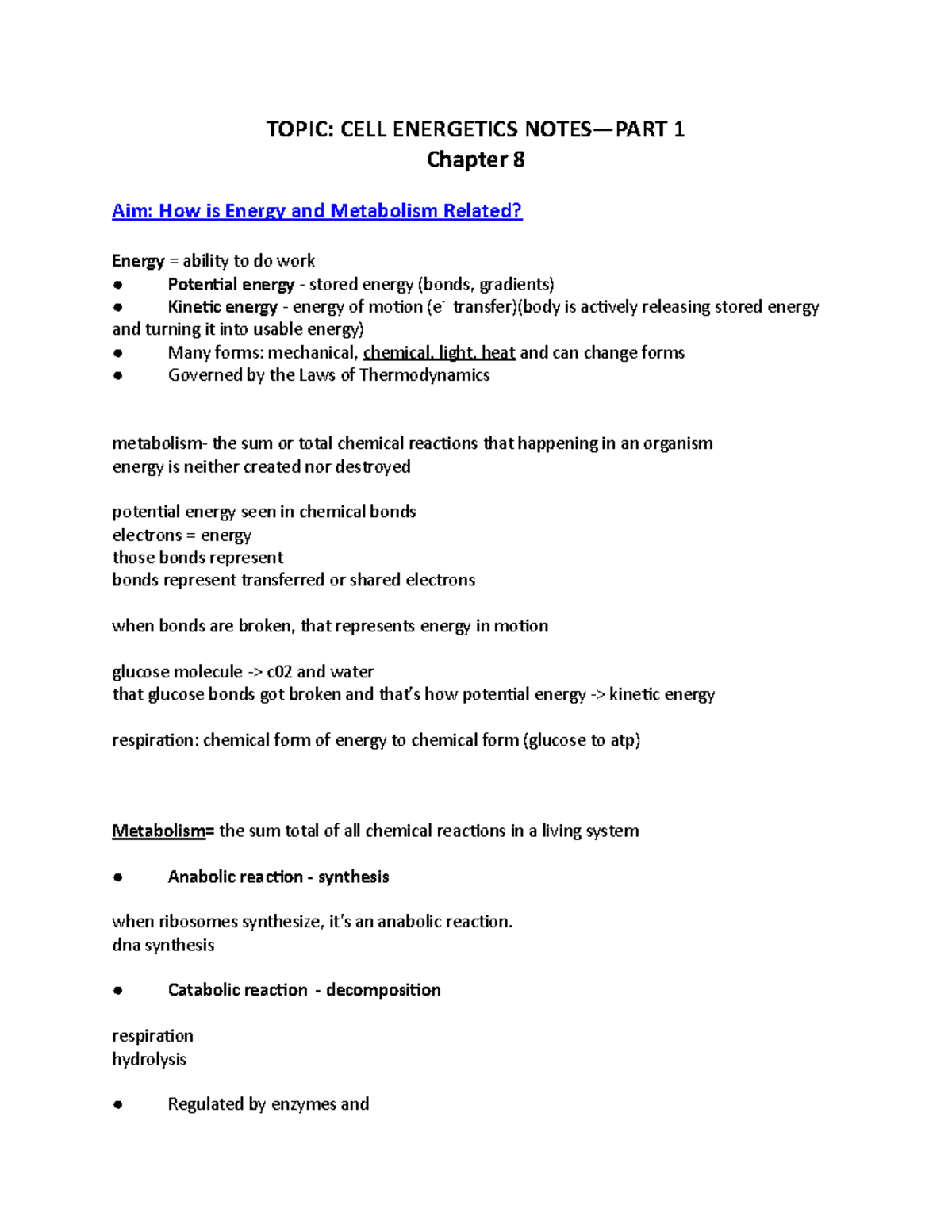 Cellular Energetics Notes Part 1 - TOPIC: CELL ENERGETICS 1 Chapter 8 ...