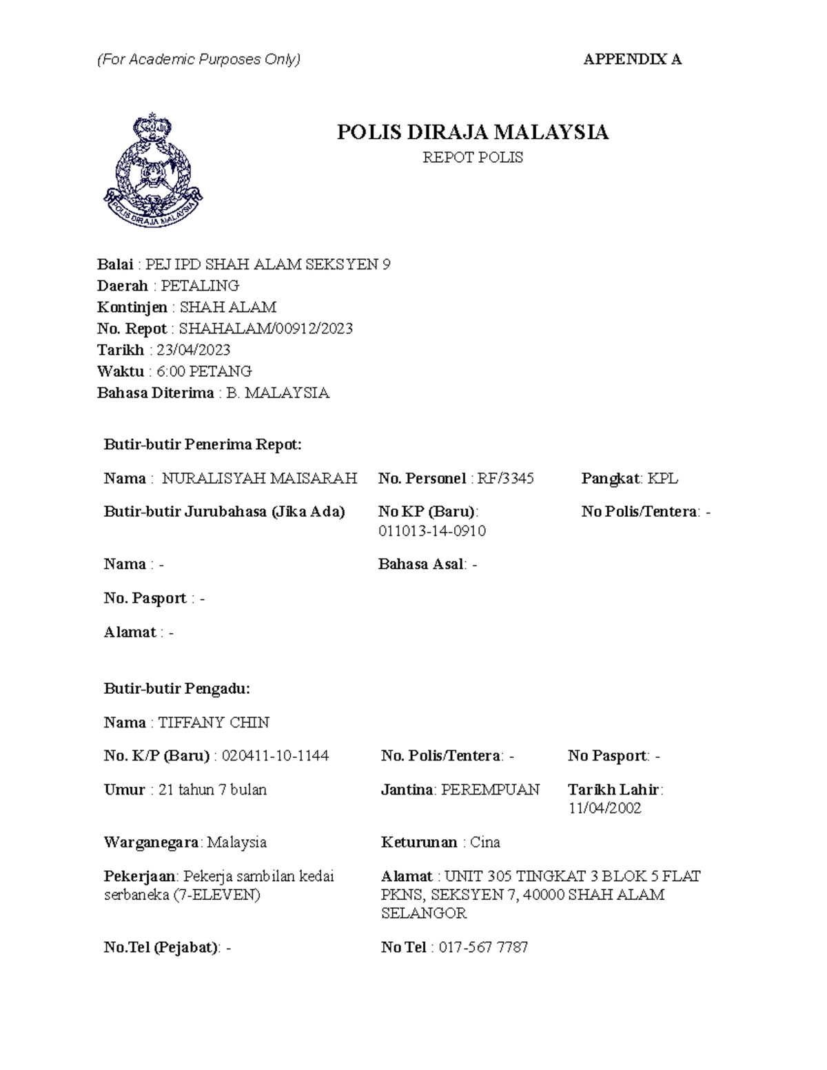 Sample for Repot Polis (Remand Application) - (For Academic Purposes ...