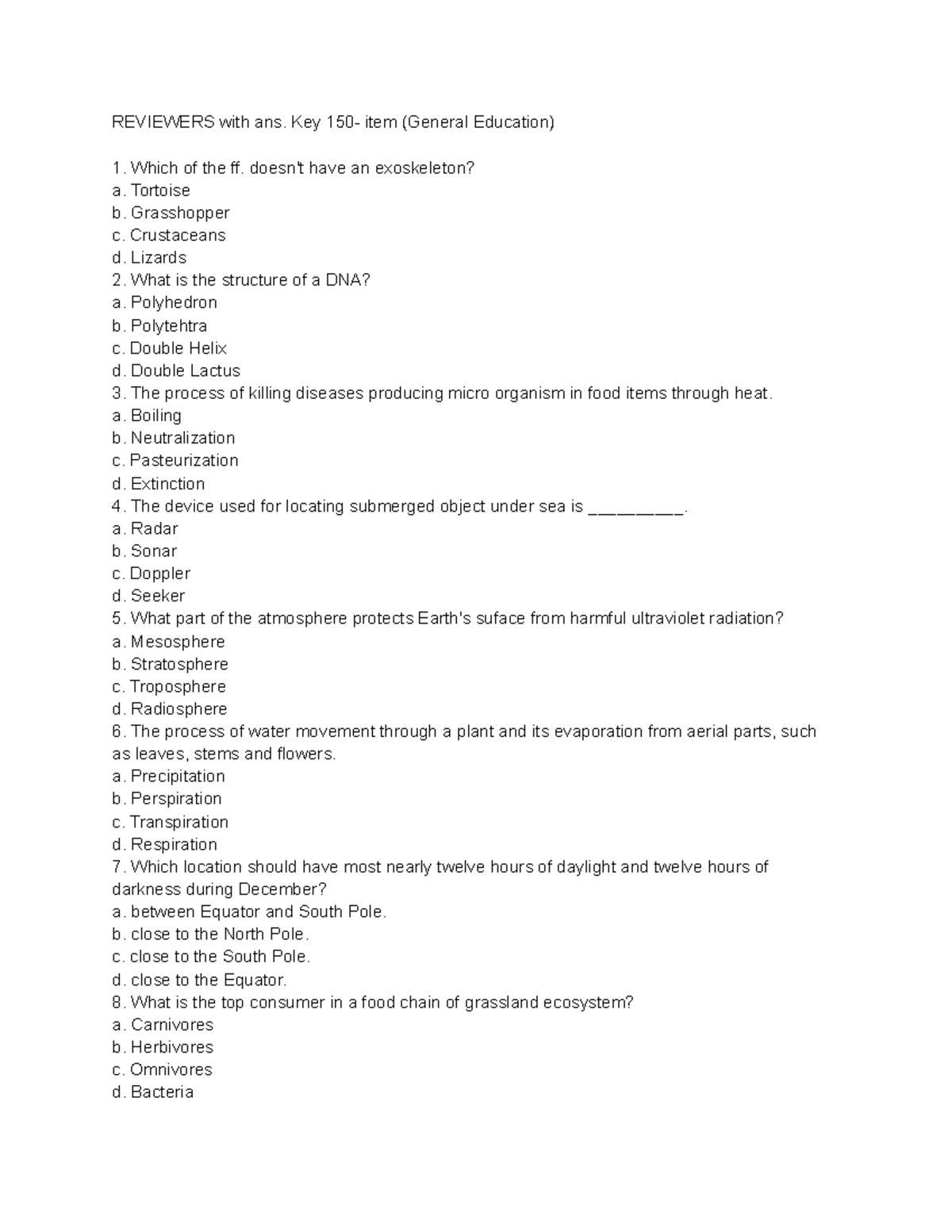 General Education 1[150 Items] - REVIEWERS with ans. Key 150- item ...