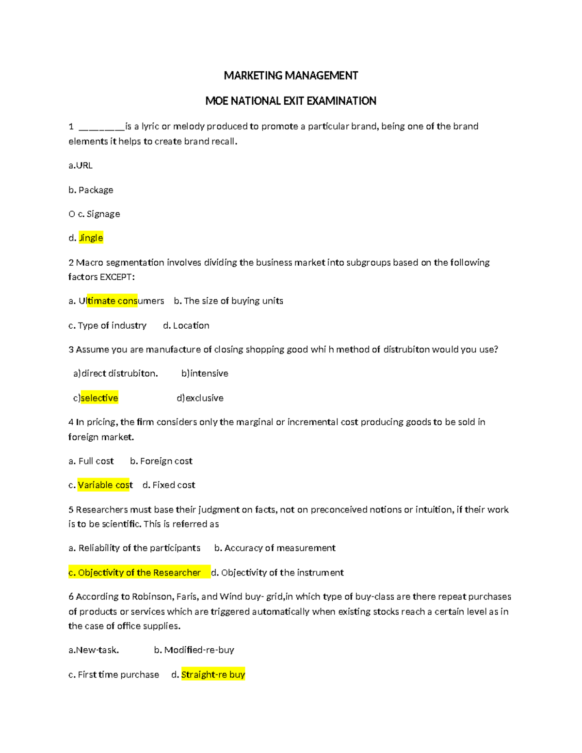 MOE exit exam (2015 ) (1) - MARKETING MANAGEMENT MOE NATIONAL EXIT ...