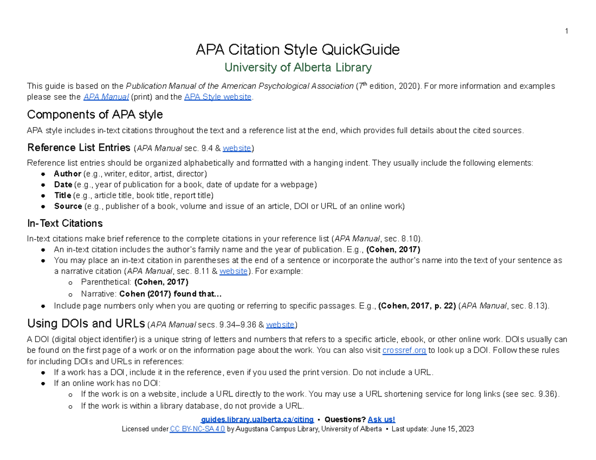 APA 7 Format Guide University of Alberta - APA Citation Style QuickGuide University of Alberta ...