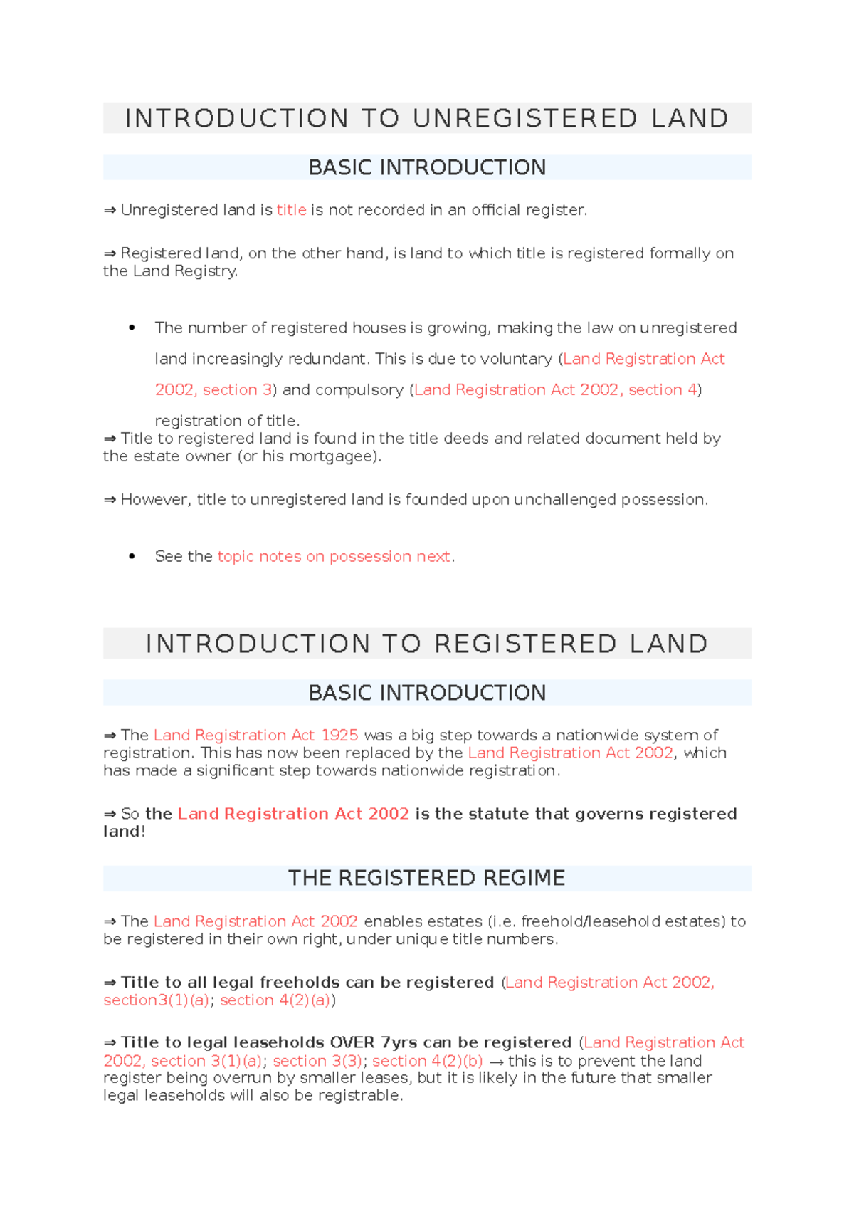 Land law 2 - Intro to registered and unregistered land - INTRODUCTION ...