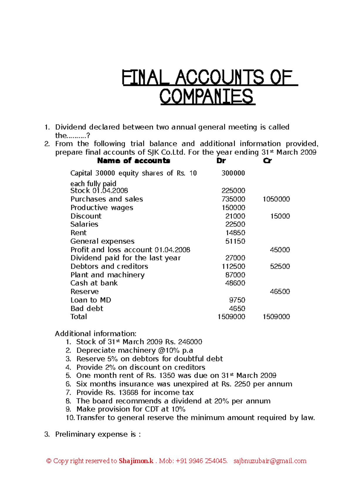 Final Accounts OF Company - FINAL ACCOUNTS OF COMPANIES Dividend ...