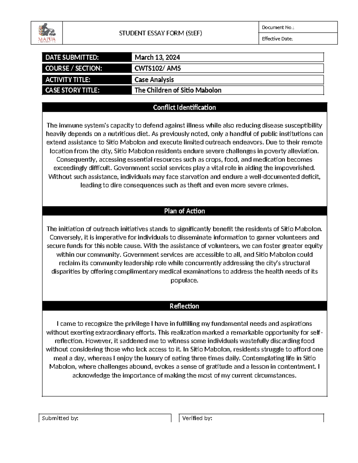 Form - Case analysis Essay The Children of Sitio Mabolon - STUDENT ...