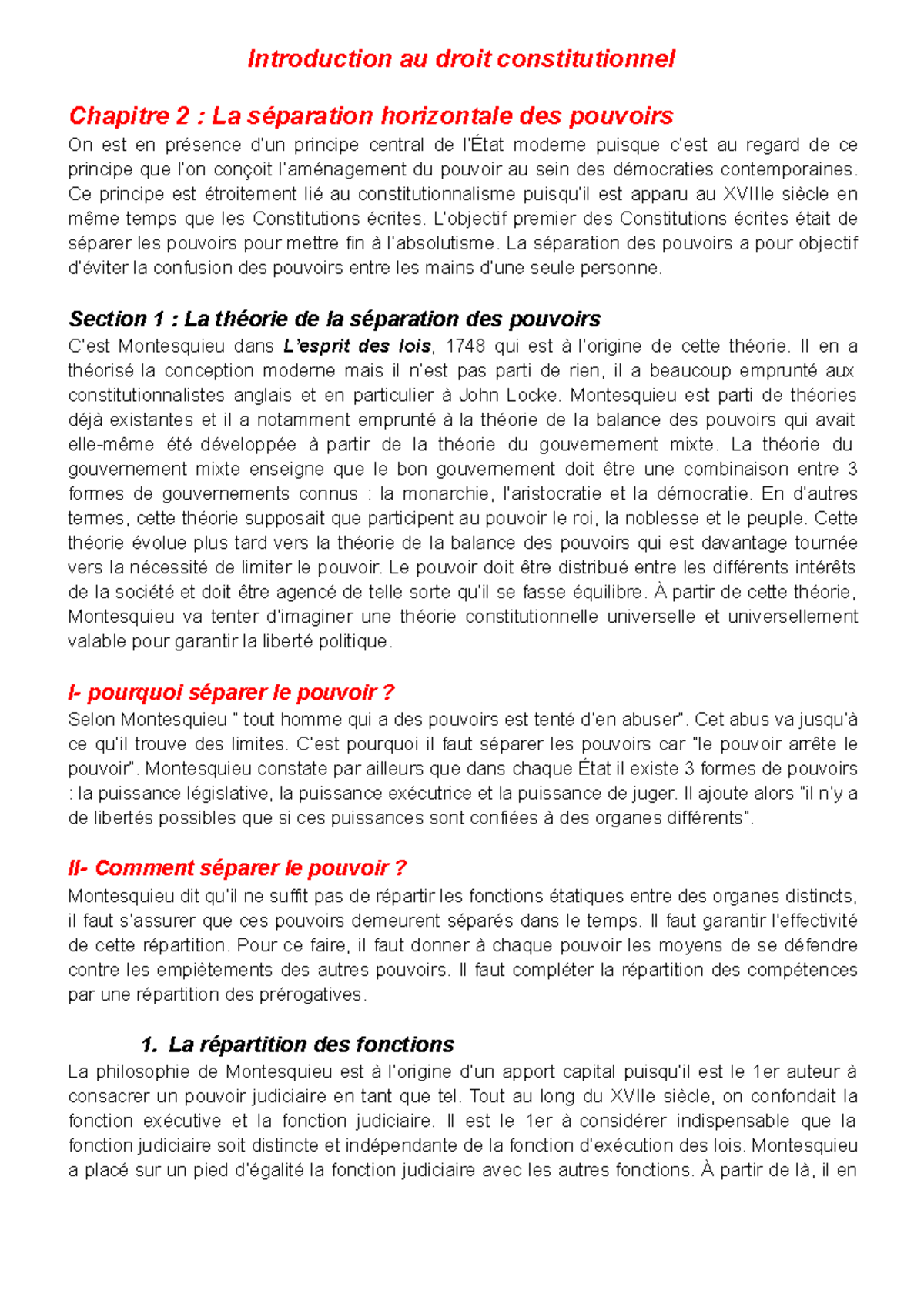 Introduction au droit constitutionnel (Chapitre 2 - La séparation horizontale des pouvoirs ...