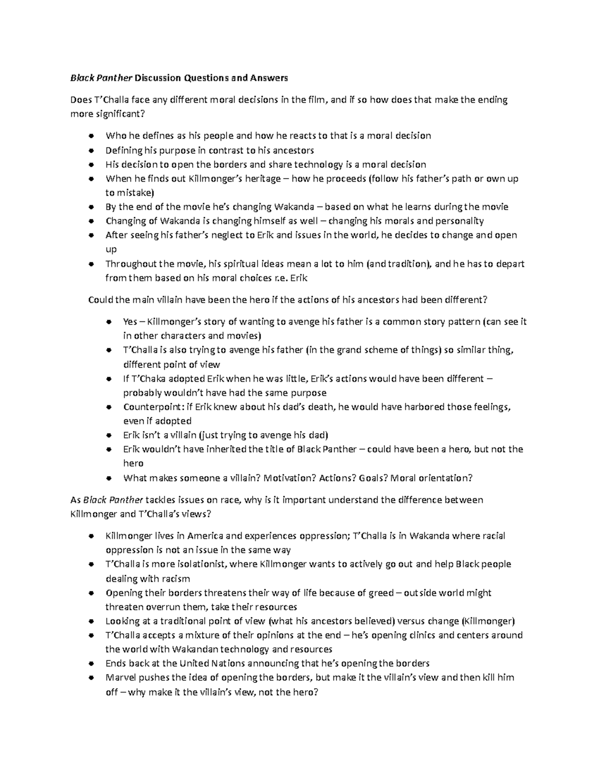Black Panther Discussion Questions and Answers - Erik Could the main ...