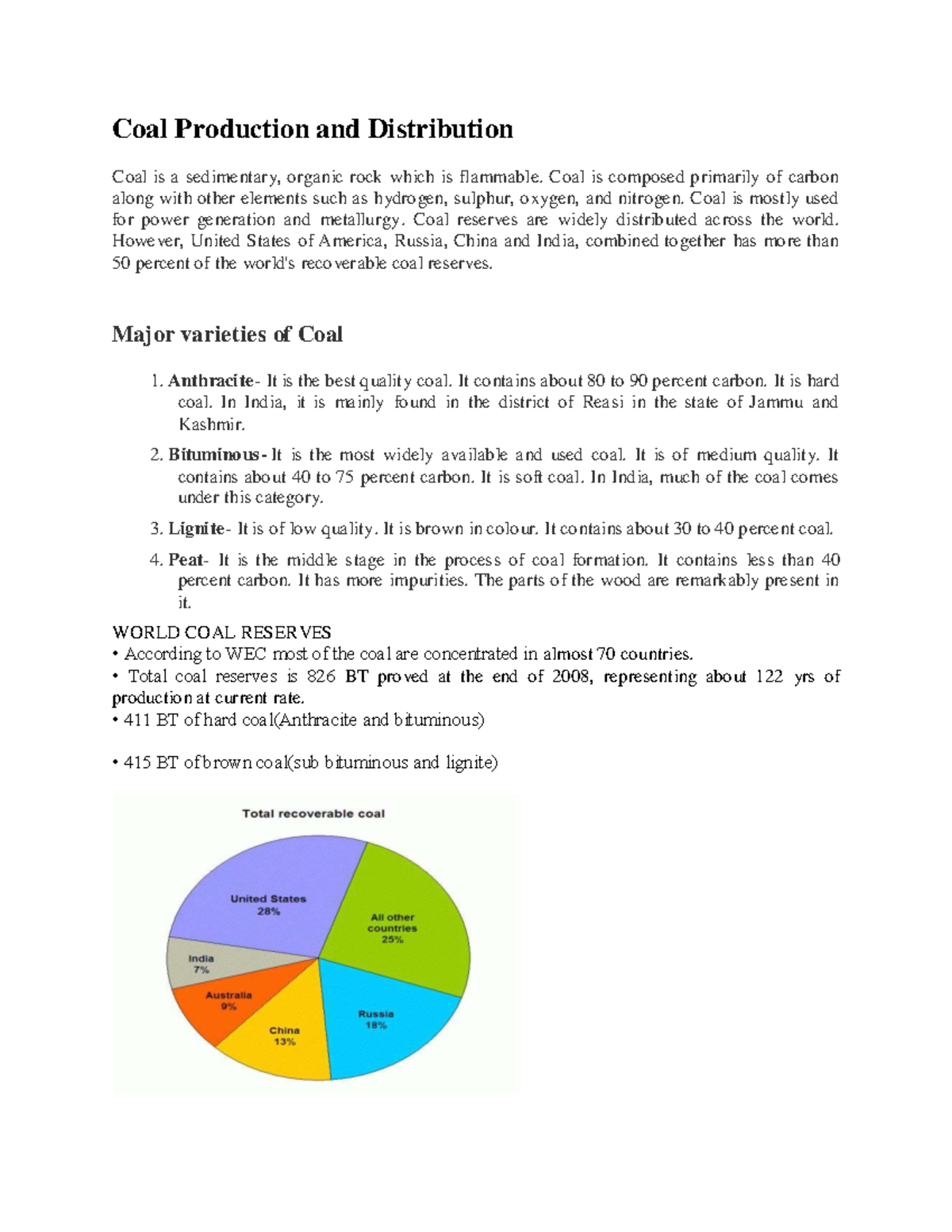Coal Production & Distribution (World) - Coal Production and ...