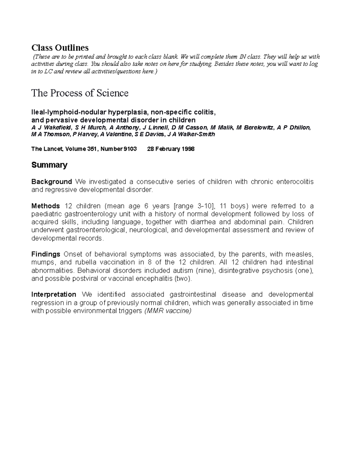 Student Outline Unit 1 Spring 2018 - Class Outlines (These are to be ...