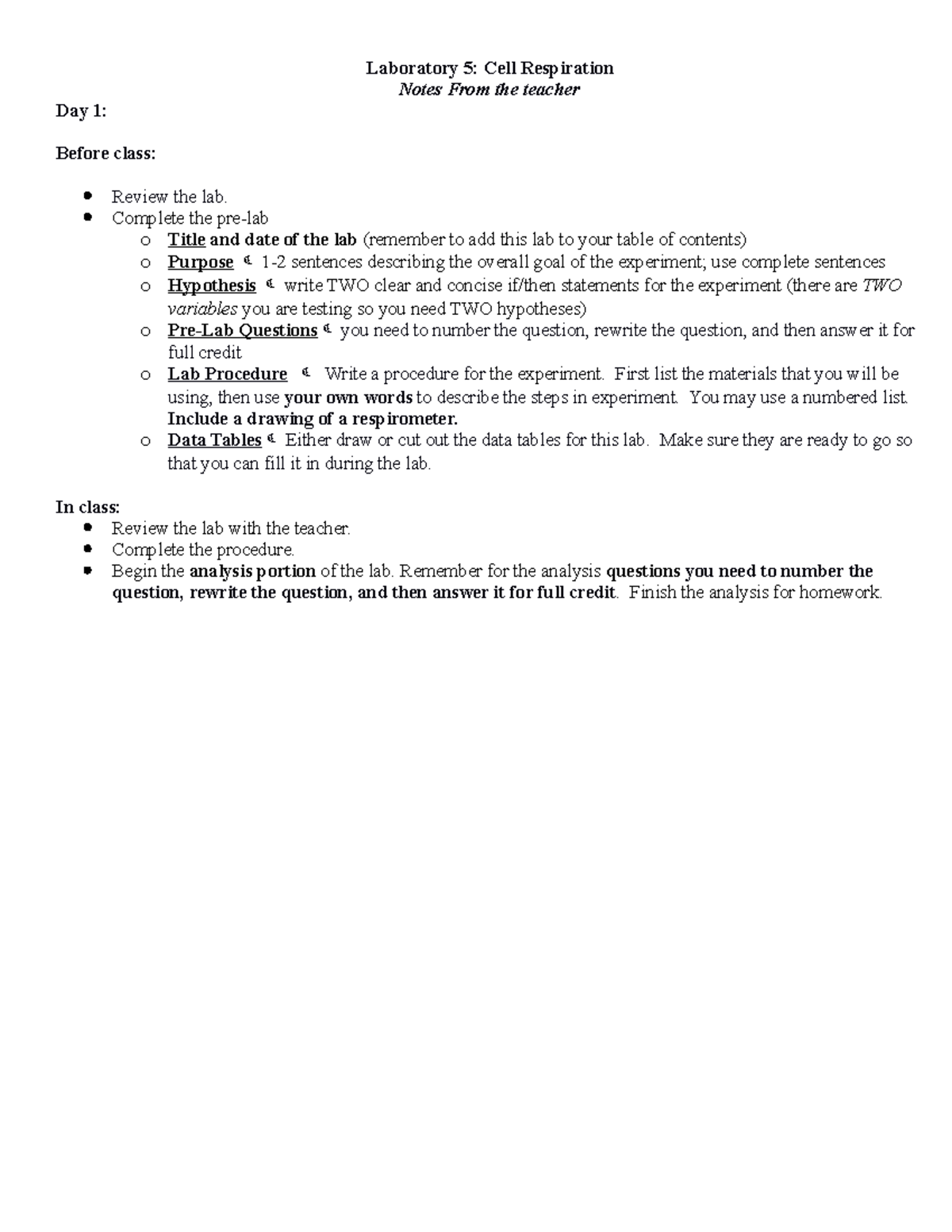 Cellular Respiration - Laboratory 5: Cell Respiration Notes From the ...