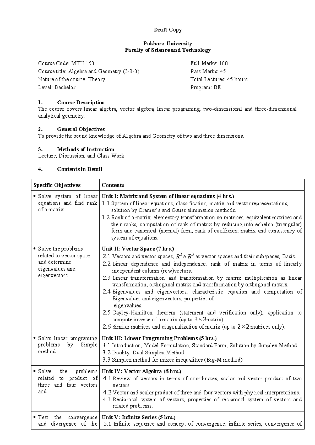 Algebra and Geometry syllabus - Draft Copy Pokhara University Faculty ...