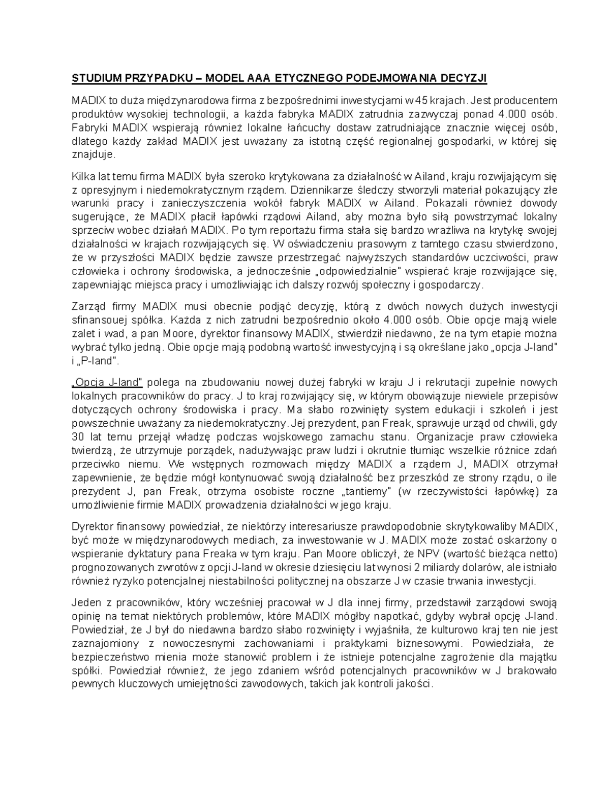 Zadanie model AAA - 123 - STUDIUM PRZYPADKU – MODEL AAA ETYCZNEGO ...