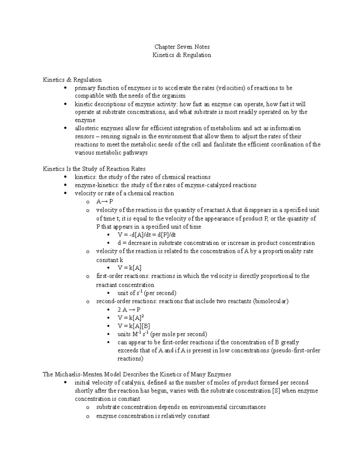 Ch Seven (TBS) Notes - Kinetics and Regulation - Chapter Seven Notes ...