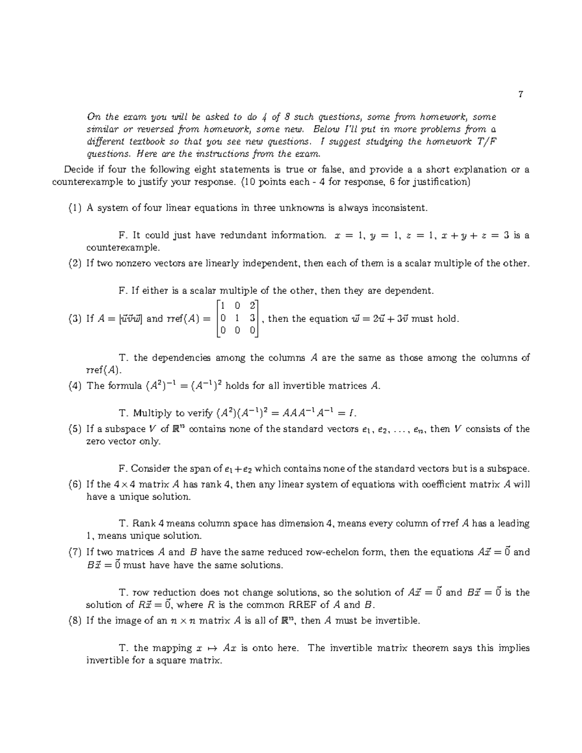 CLA Exam1 sample sol - 7 On the exam you will be asked to do 4 of 8 ...