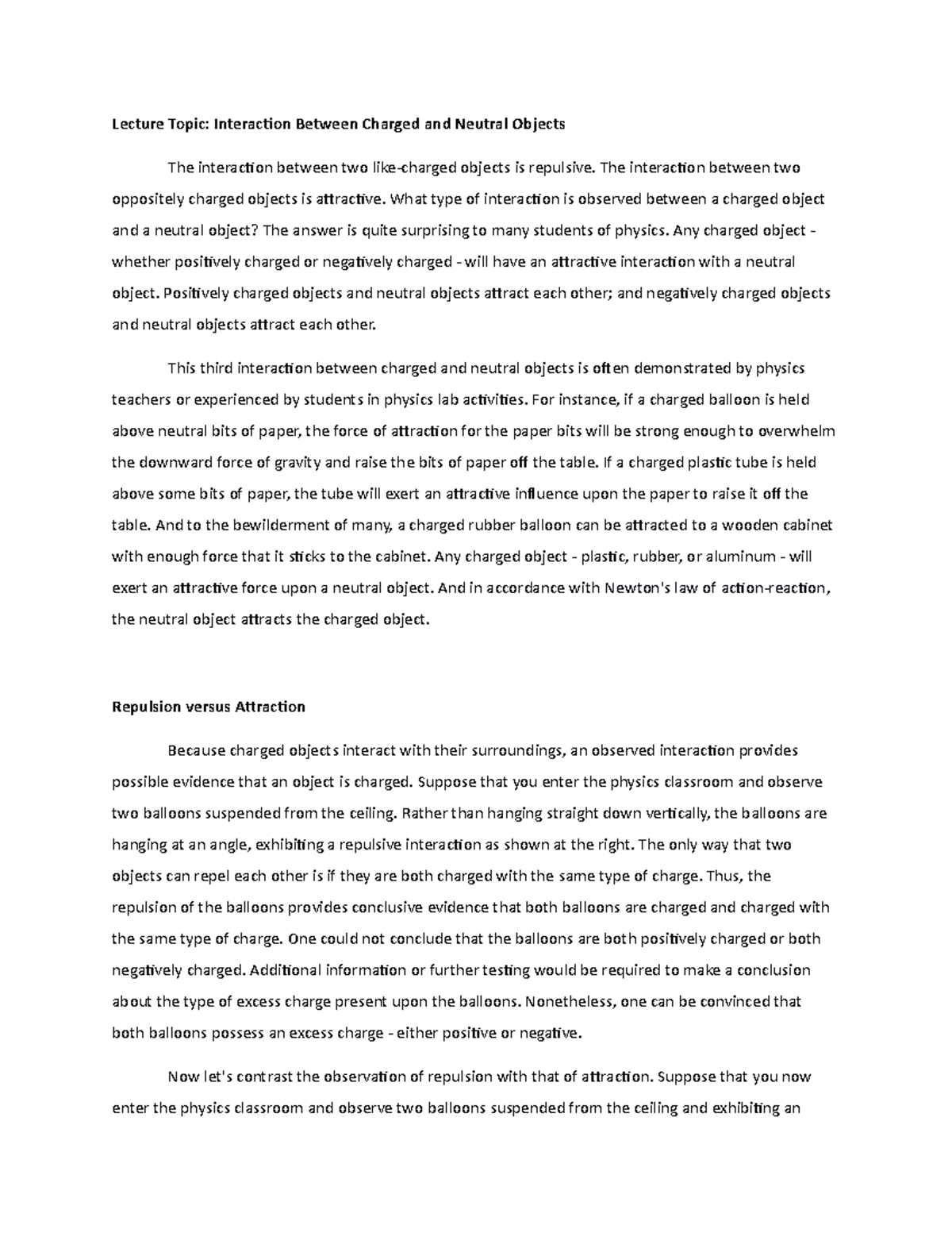 Interaction Between Charged And Neutral Objects The Interaction Between Two Oppositely Charged
