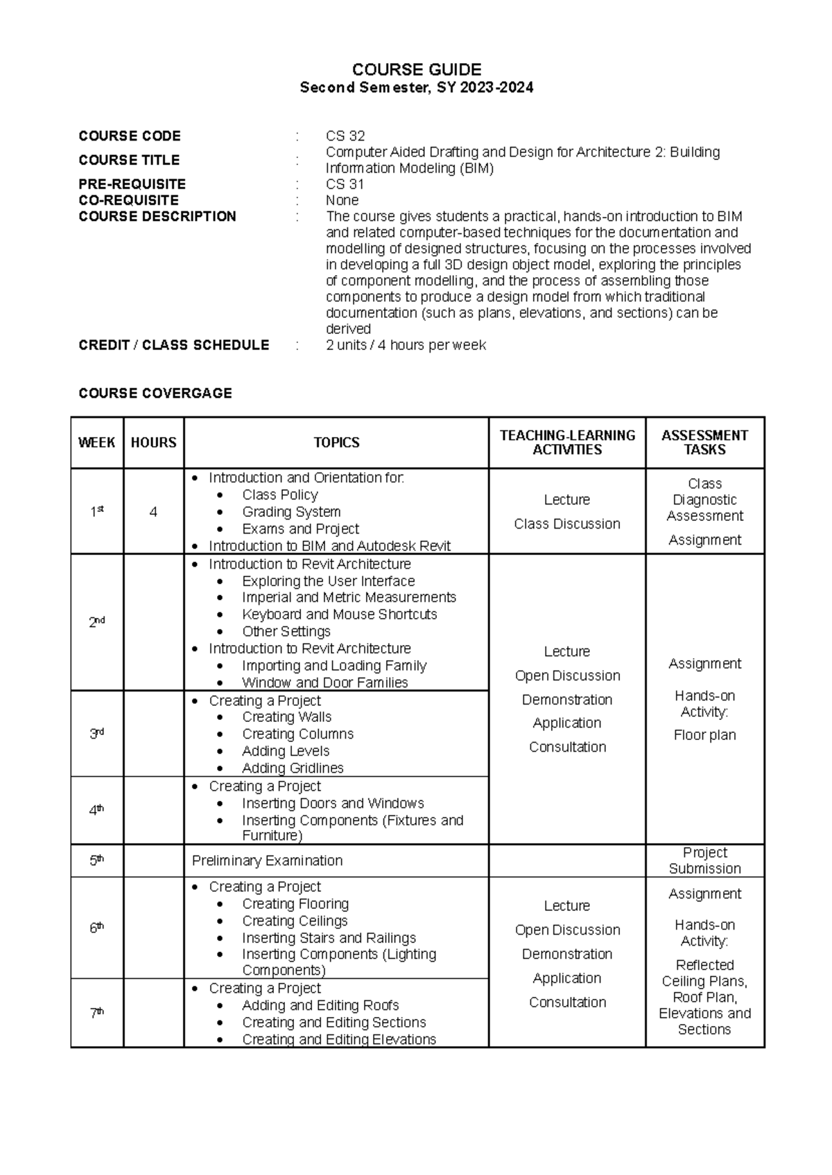 CS 32 - Course Guide - COURSE GUIDE Second Semester, SY 202 3 - 2024 ...